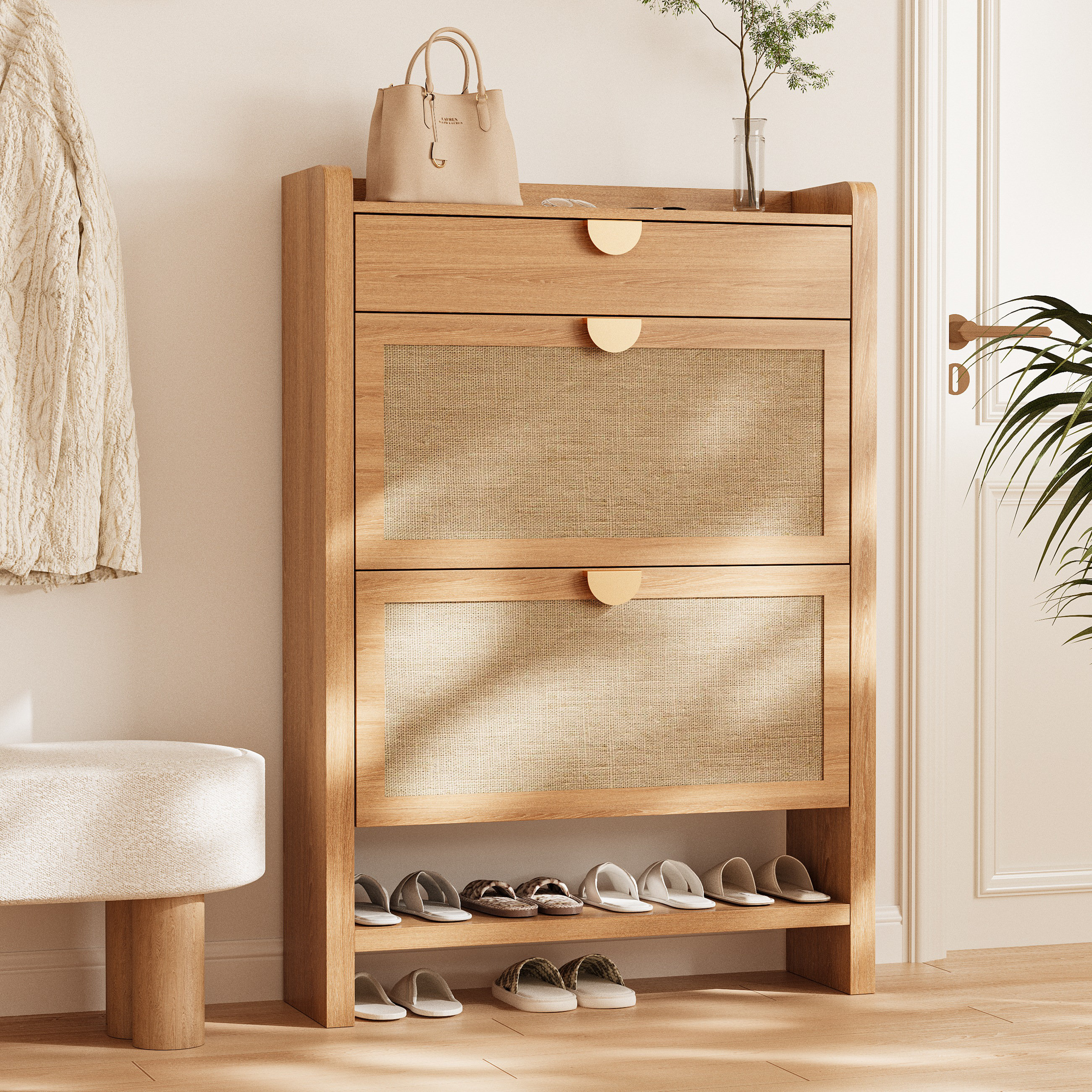 Rebrilliant Rattan Shoe Storage Cabinet with 2 Flip Drawers - Narrow ...