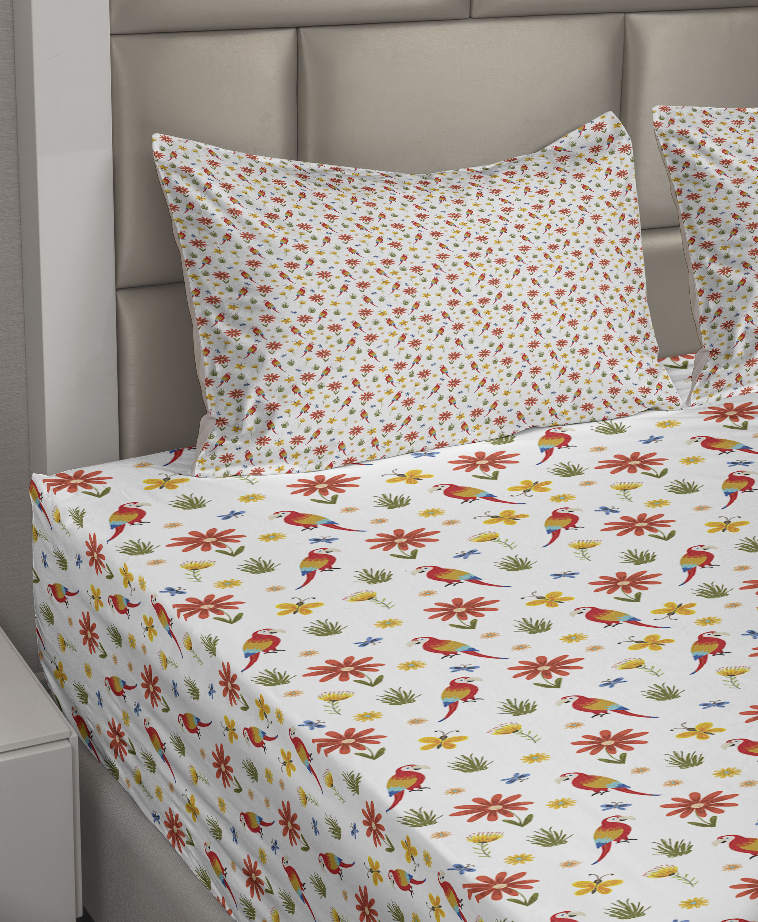 Ambesonne Tropical Sheet Set Parrot Flower Butterfly Dark Coral Earth ...