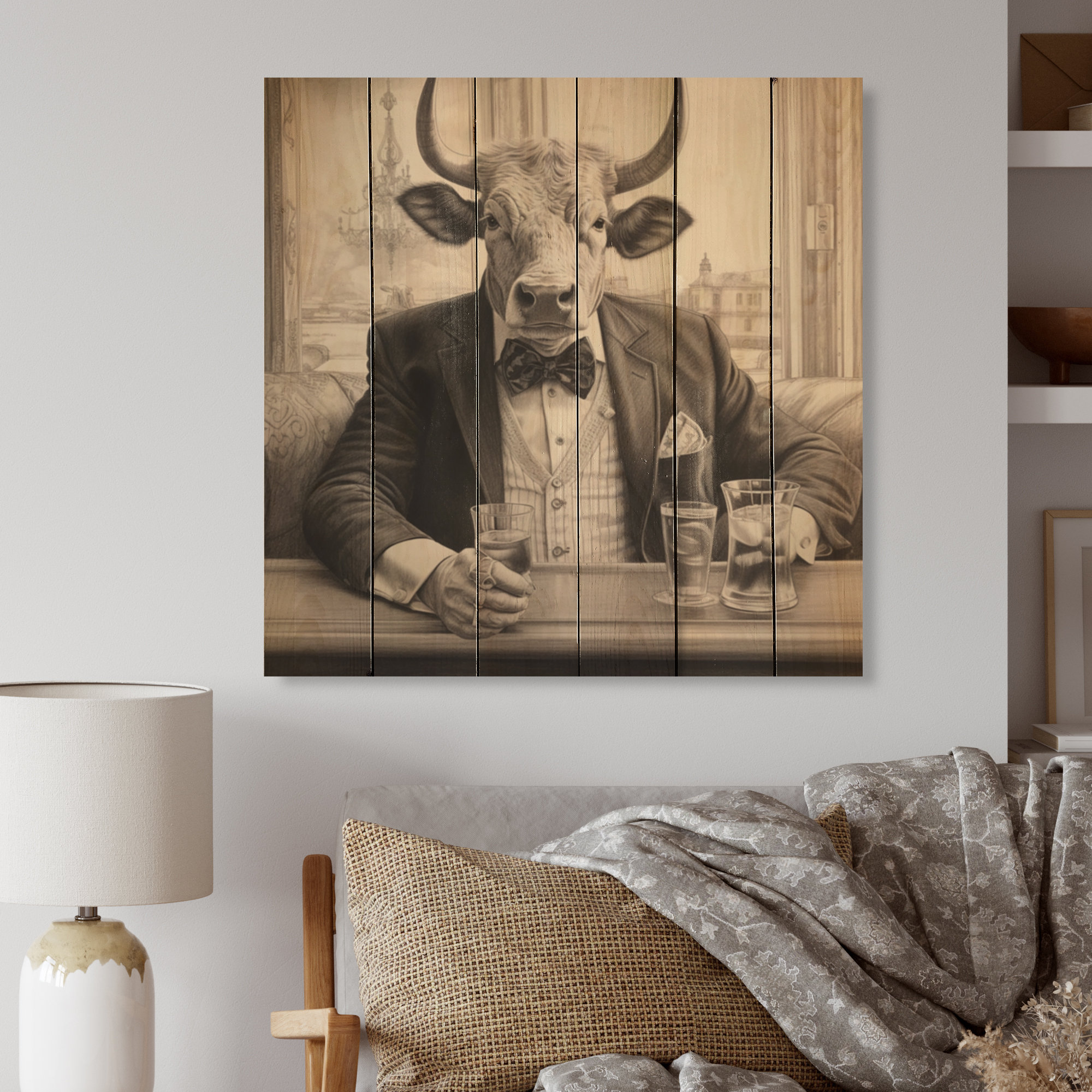 Trinx Keian Cow Having A Drink III On Wood Print - Wayfair Canada