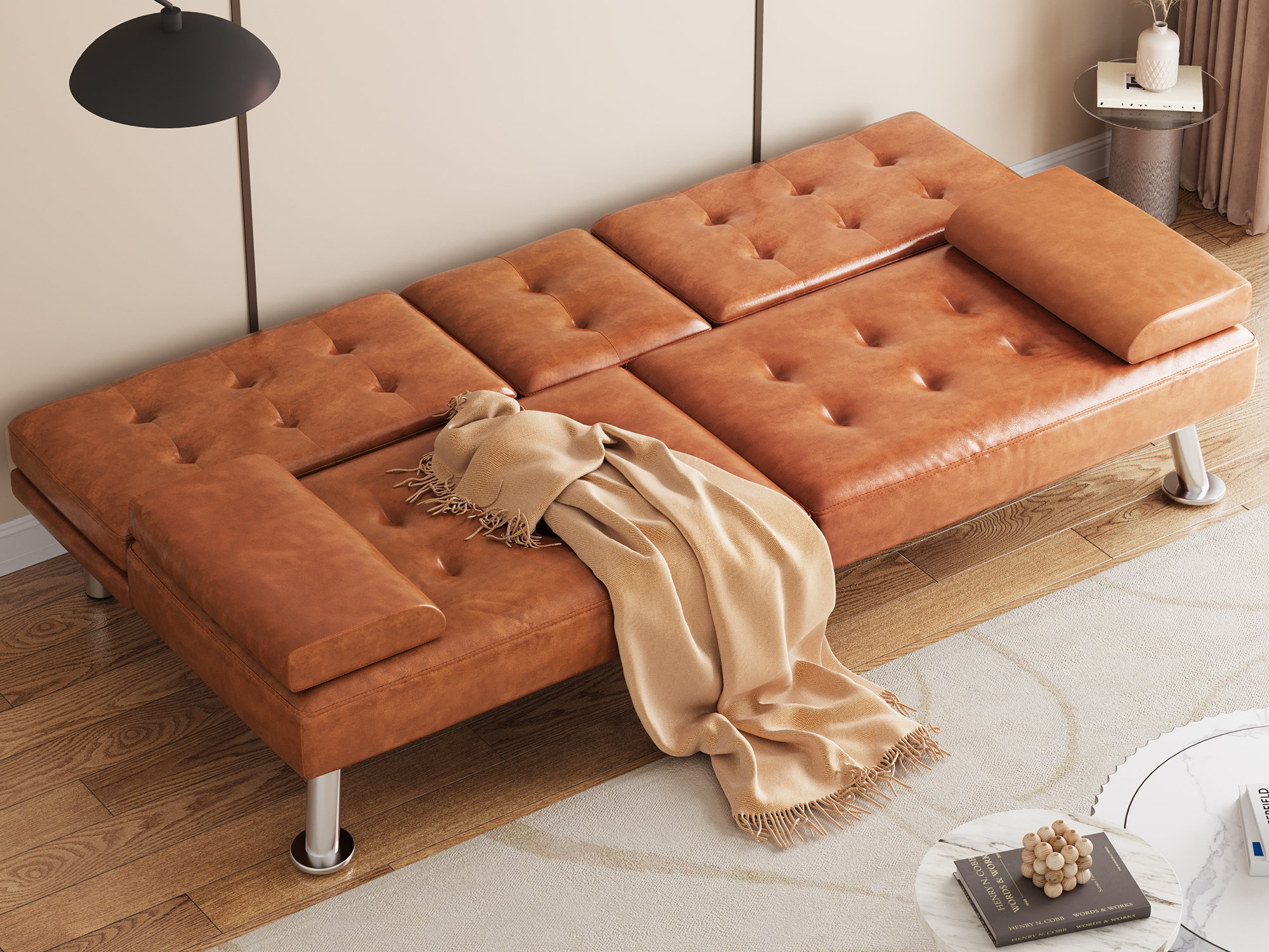 Ebern Designs Futon Sofa Bed Modern Folding Futon Set Faux Leather ...