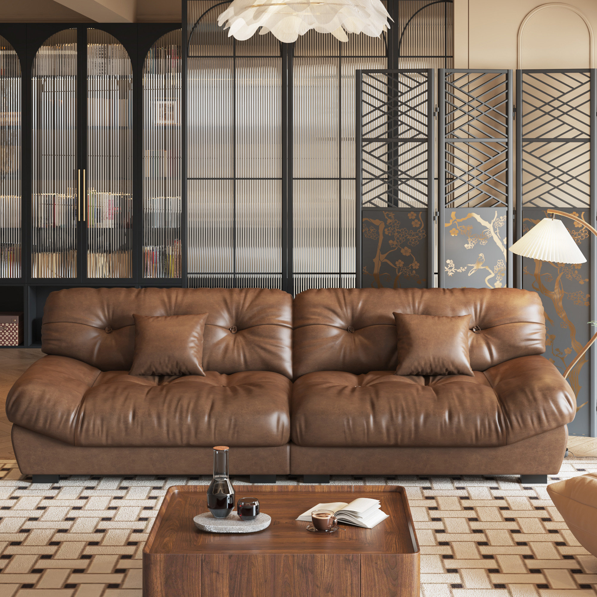 17 Stories Tyffanie 102.4" Mid-Century Leather Feather Sofas Flared Arm ...