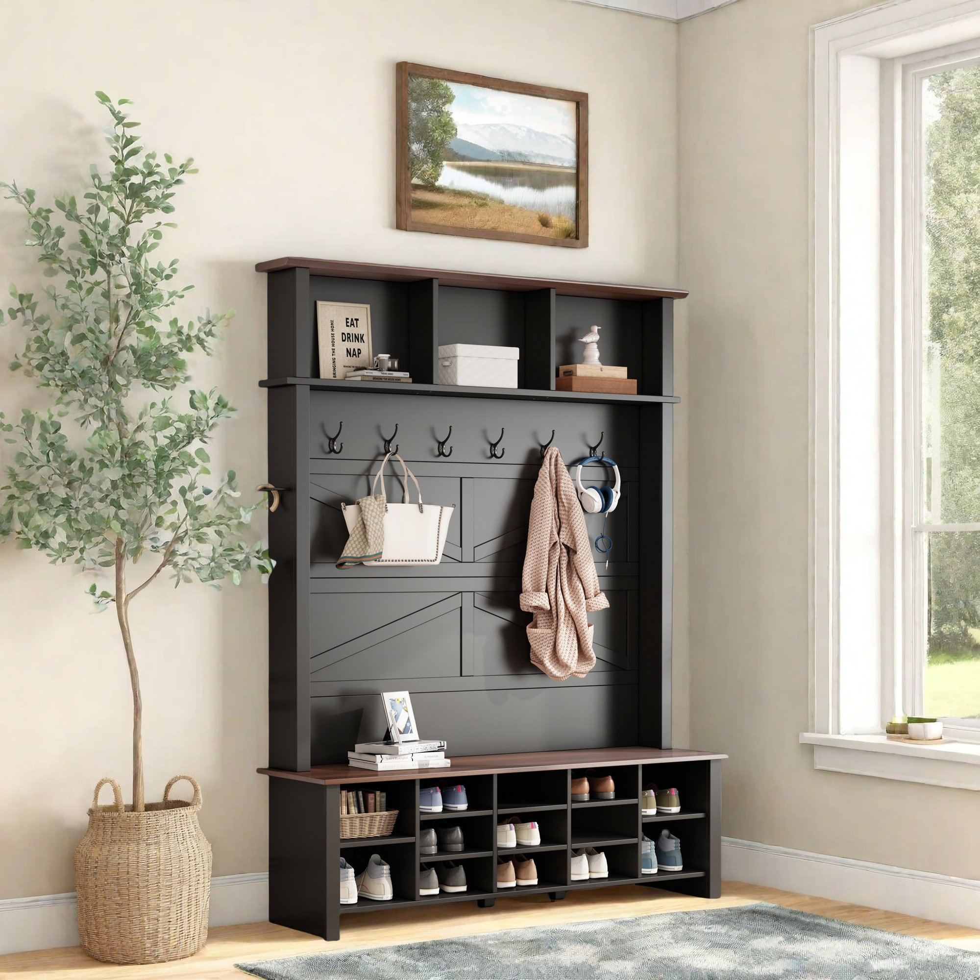 Gracie Oaks Farmhouse Hall Tree With Storage Bench And Hooks, 4-In-1 ...