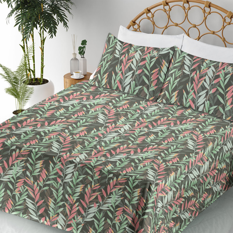 Ambesonne Jungle Leaves Sheet Set Tropical Forest Leaf Pastel Pink Mint ...