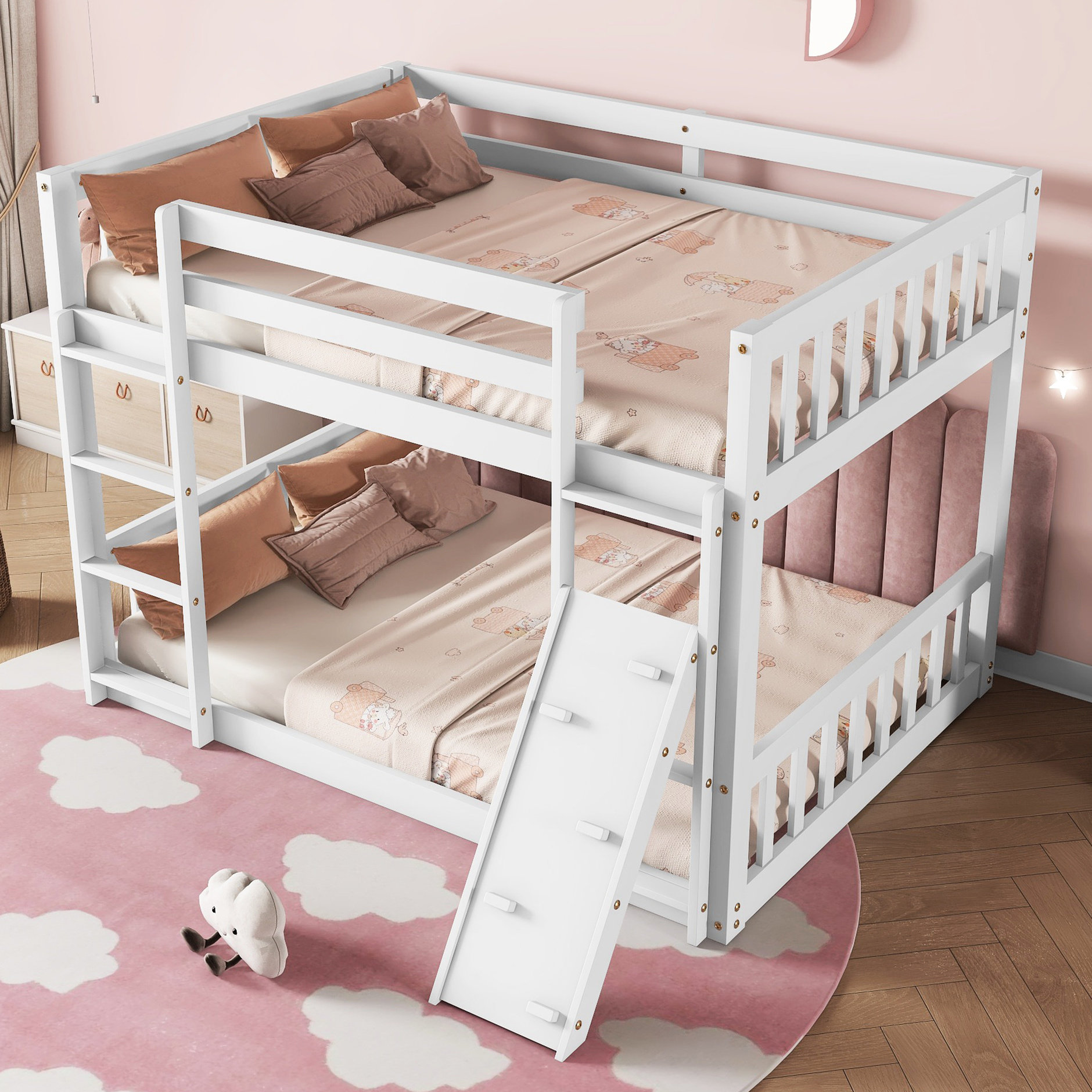 17 Stories Twin Over Floor Bunk Bed With Guardrails, Climbing Ramp ...
