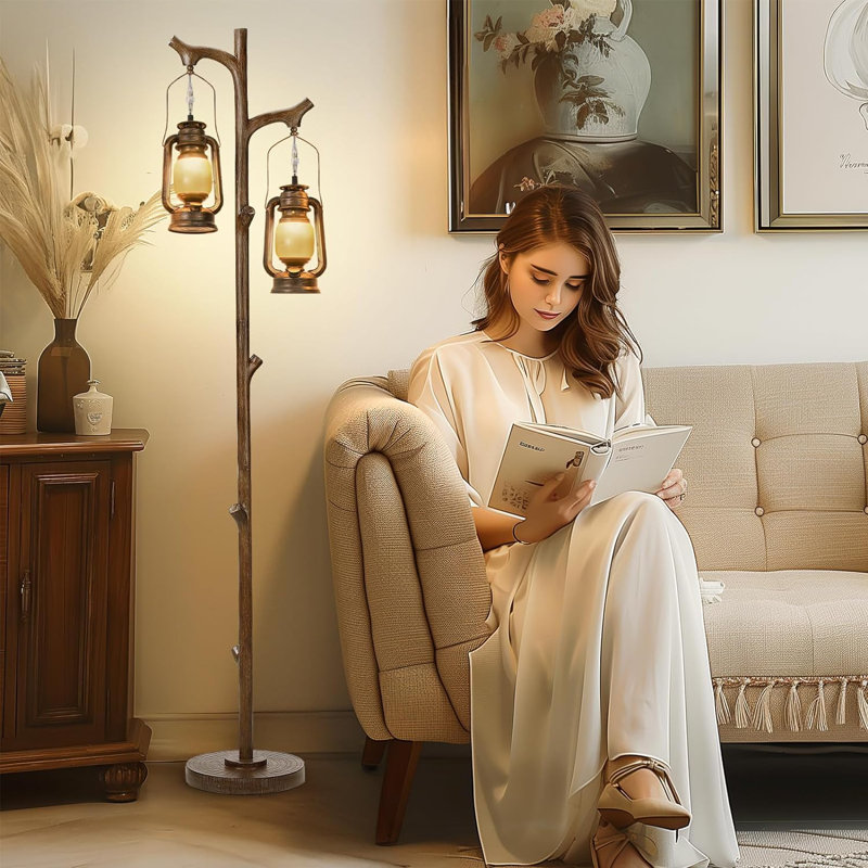 Loon Peak® 68" Rustic Farmhouse Tree Trunk Floor Lamp Country Brown ...