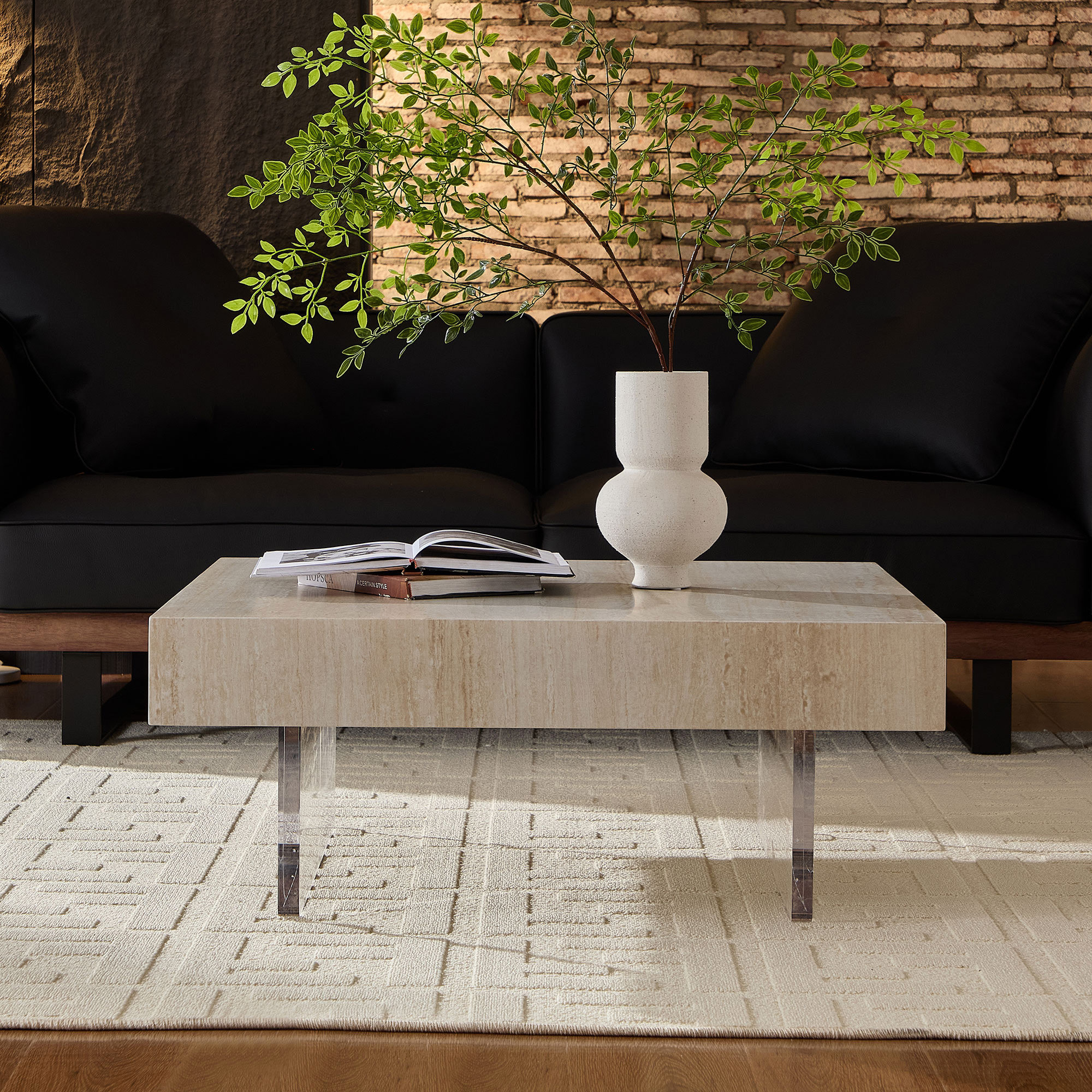 Brayden Studio Square Faux Travertine Pattern Coffee Table For Living ...