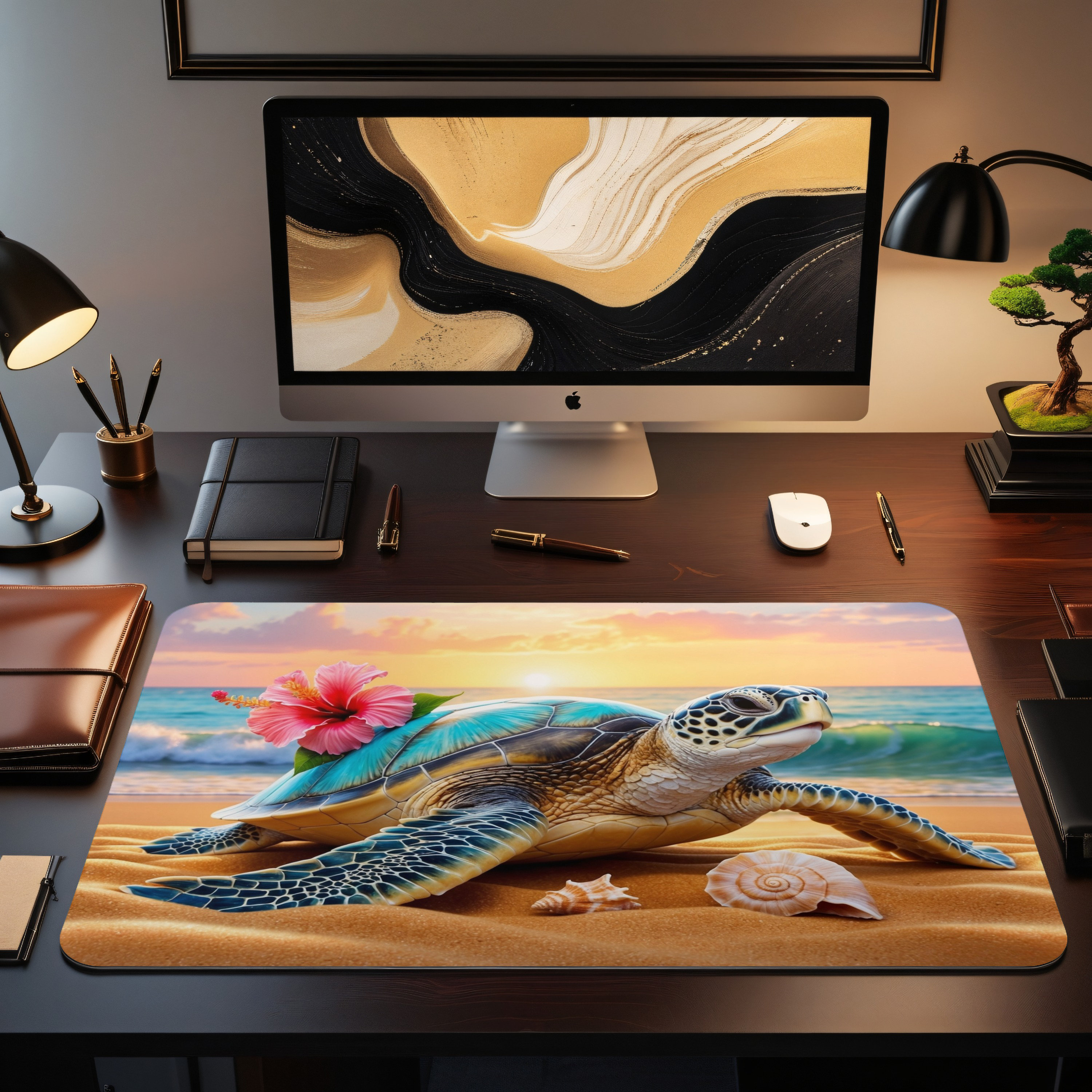 East Urban Home Cute Sea Turtle Desk Mat, Ocean Beach Sunset, Hibiscus ...