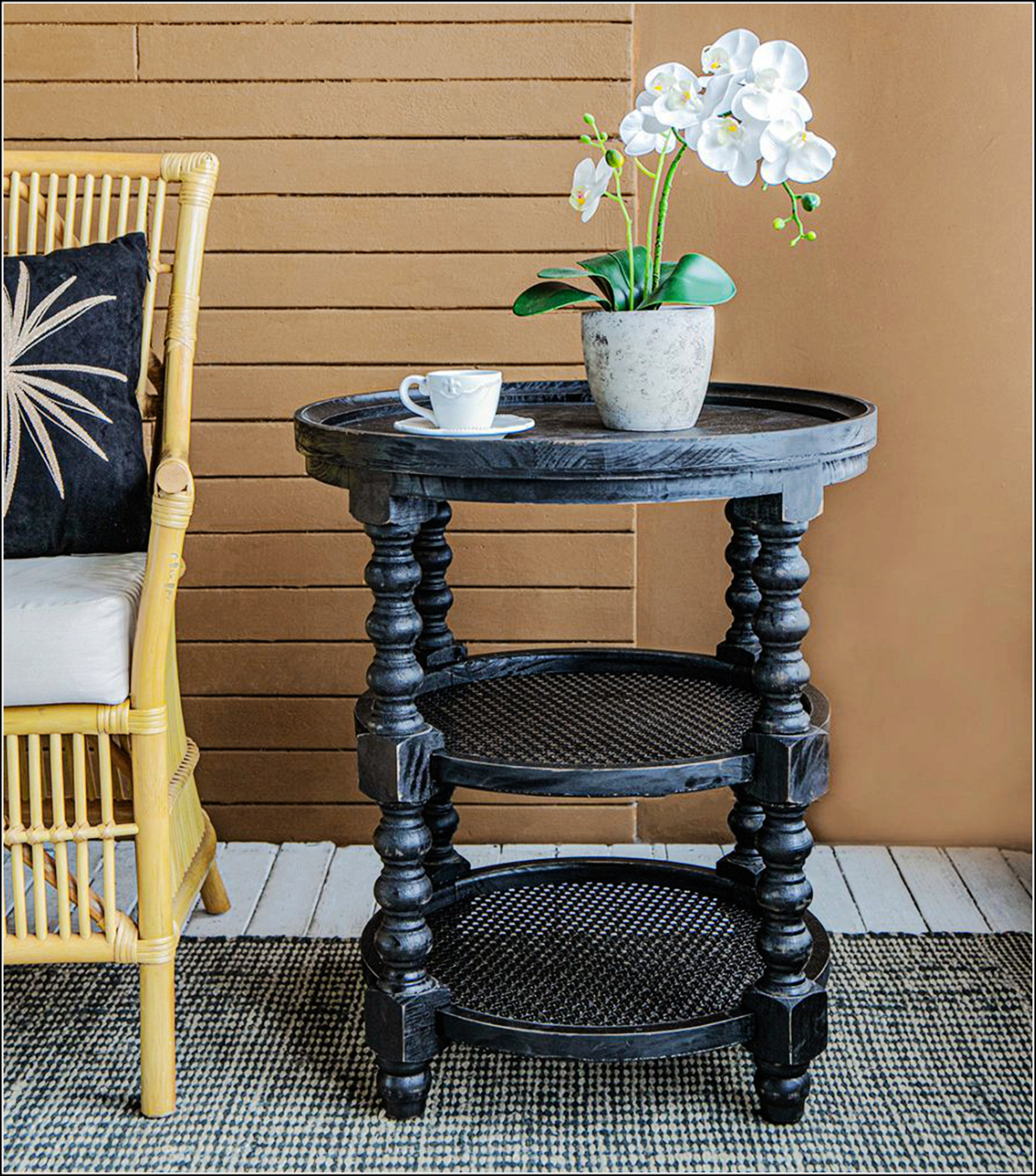 Alcott Hill Round Three Tiered Side Table With Rattan Shelf - Wayfair ...