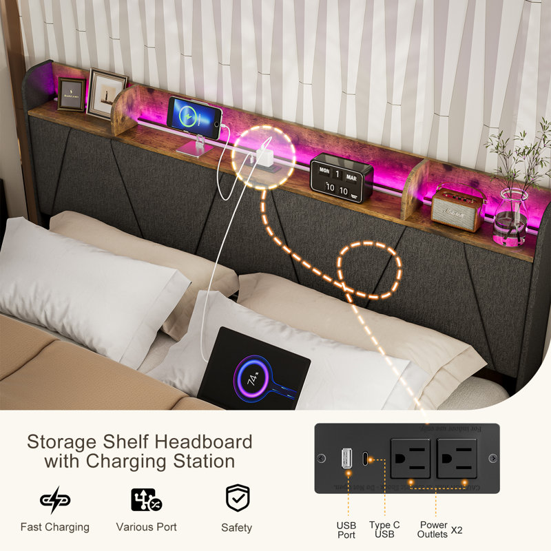 Ivy Bronx Gearl Upholstered Bed With Storage Shelf Headboard & Charging ...