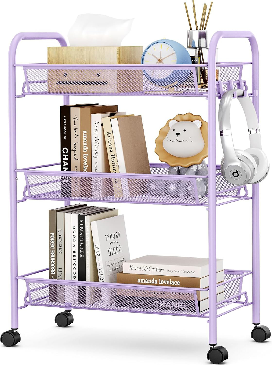 JJbaok 3-Tier Metal Rolling Cart With Wheels - Sturdy Mesh Wire Utility ...