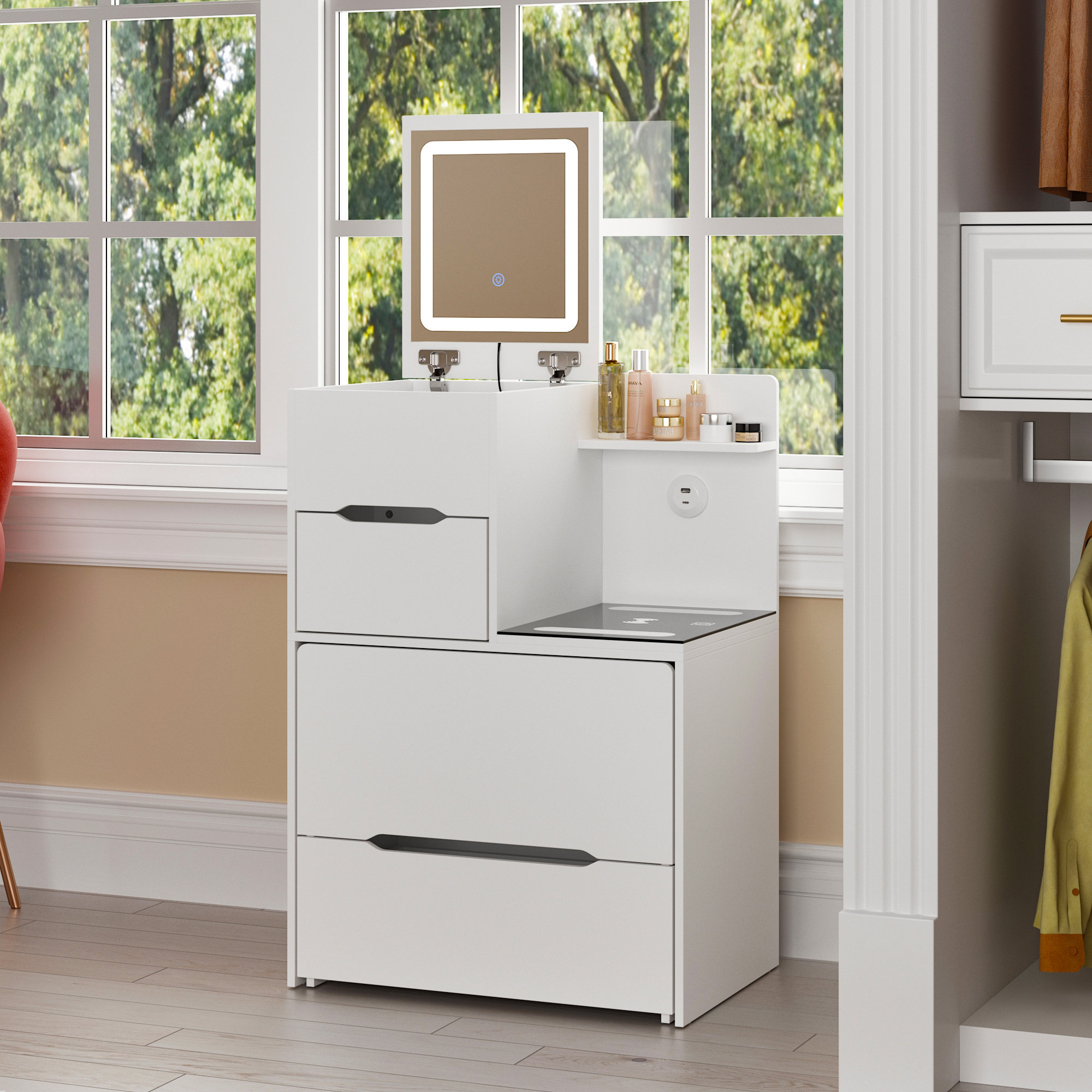 Latitude Run® Compact And Stylish White Vanity With Pull-Out Stool And ...