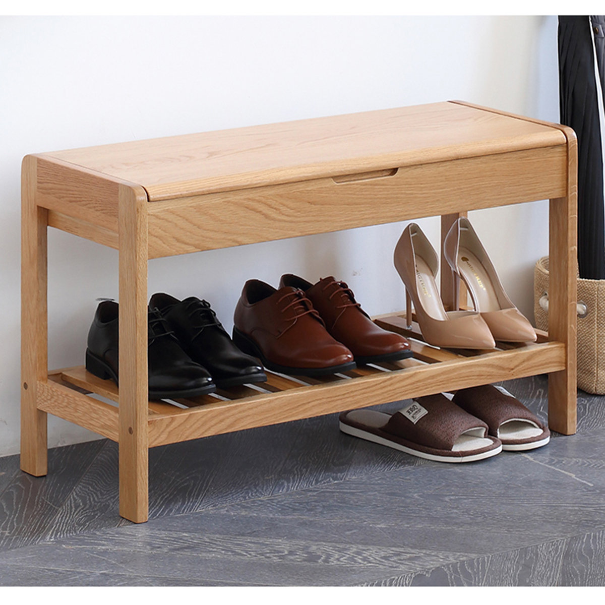 Stylistics Savvy 23.62" Oak Wood Rectangular Solid Wood Shoe Storage ...
