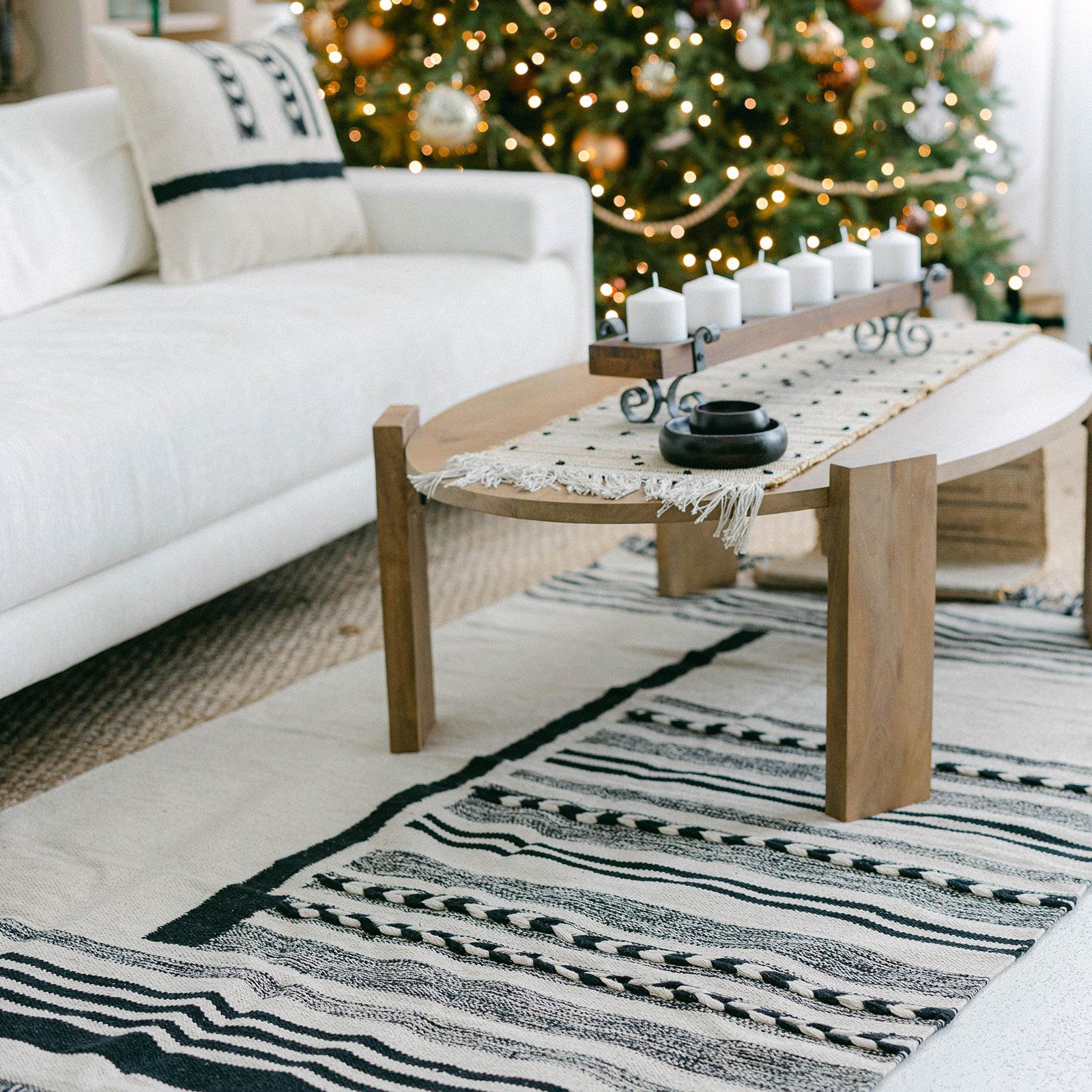 Foundry Select Black And White Linear Designs With Tassels Rug | Wayfair