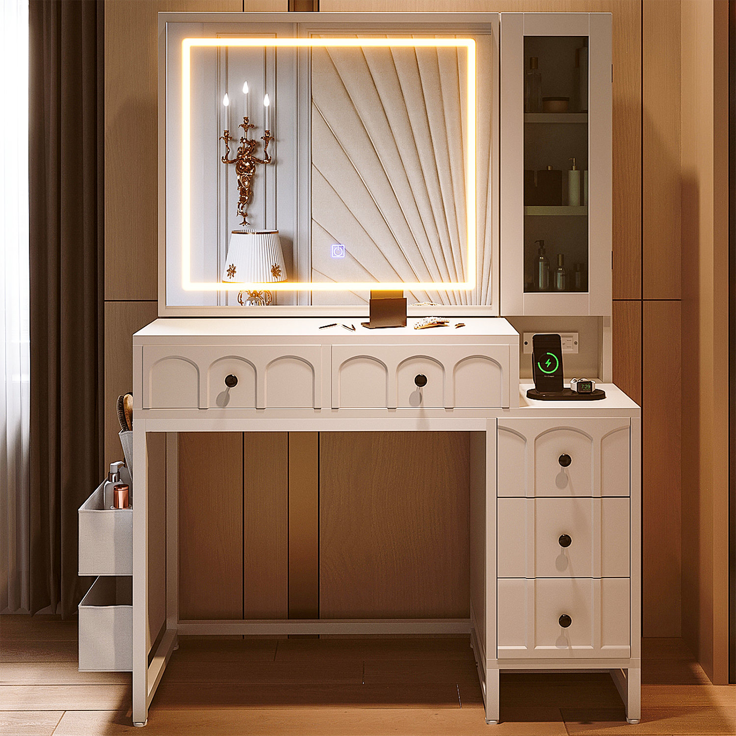 Wrought Studio™ Vanity Desk With Led Lighted Mirror & Charging Station ...