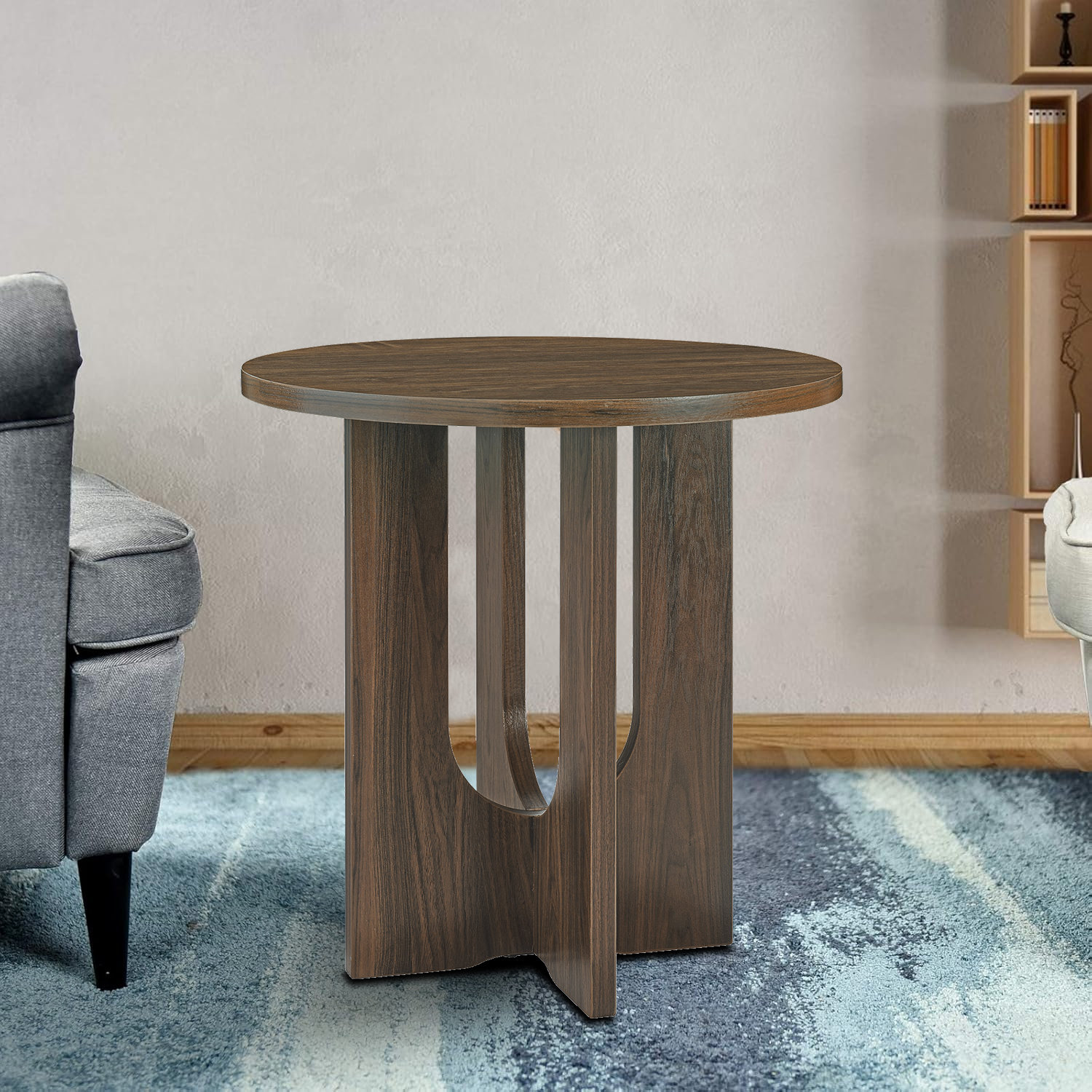 Ebern Designs Modern Round Wooden Side Table with Cross-Base Design ...