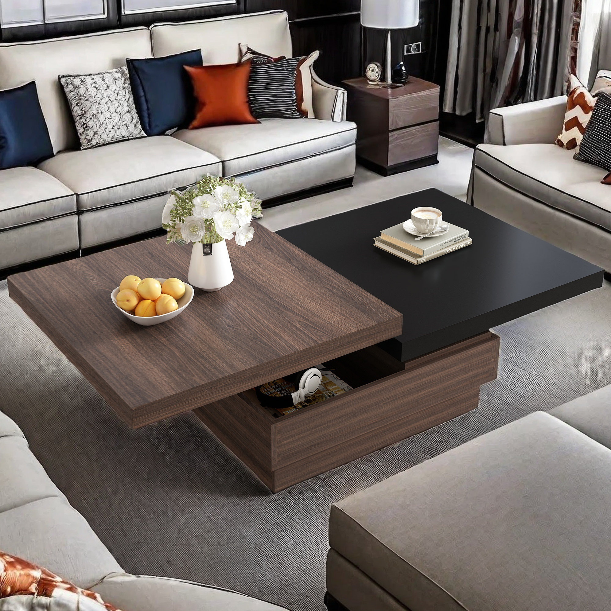 Ivy Bronx Sarisha Modern Square Coffee Table with Rotatable Top, Two ...