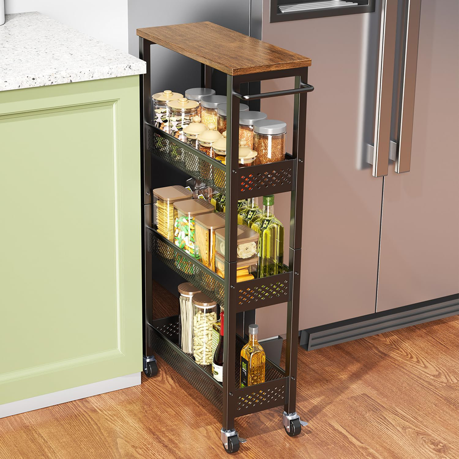 INKEDZ Slim Storage Cart 4 Tier Narrow Kitchen Rolling Cart on Wheels ...