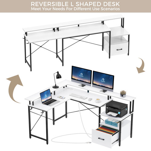 Inbox Zero Kurtiss 68" L Shaped Computer Desk with File Drawer with ...