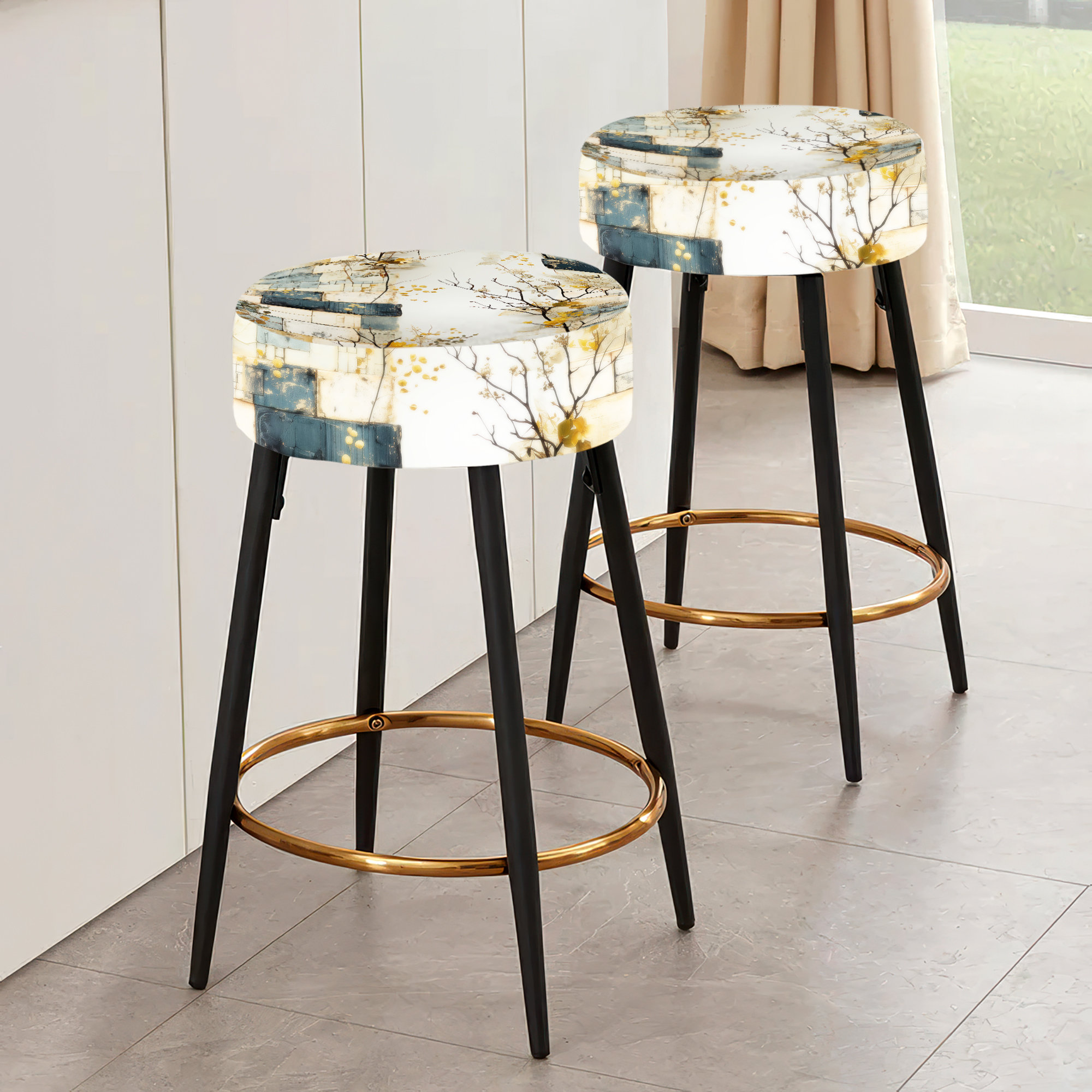 Design Art Gray Cubic Botanical Dreams - Patchwork Bar Stools Set Of 2 ...