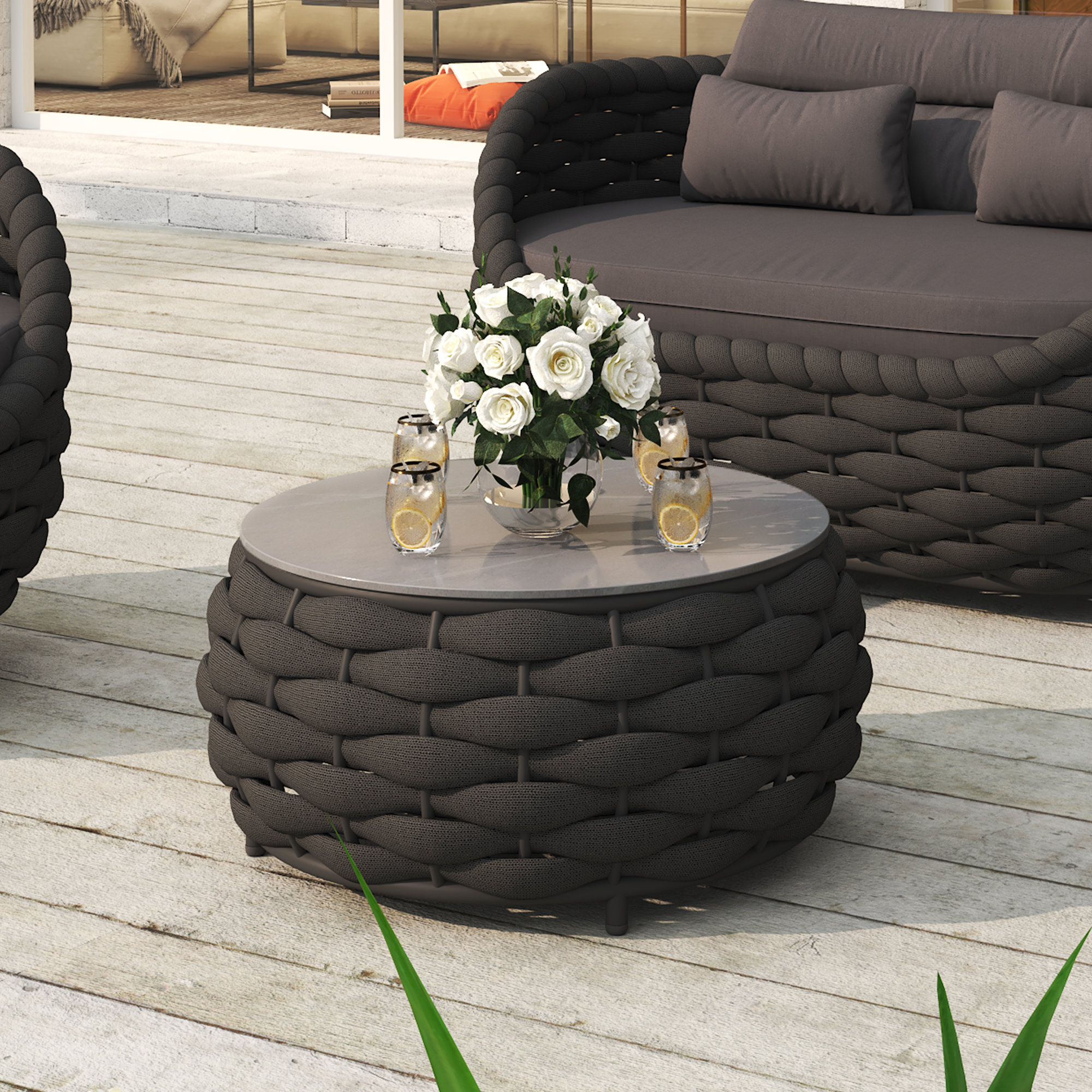 Latitude Run® Round Outdoor Coffee Table With Marble Pattern Sintered ...