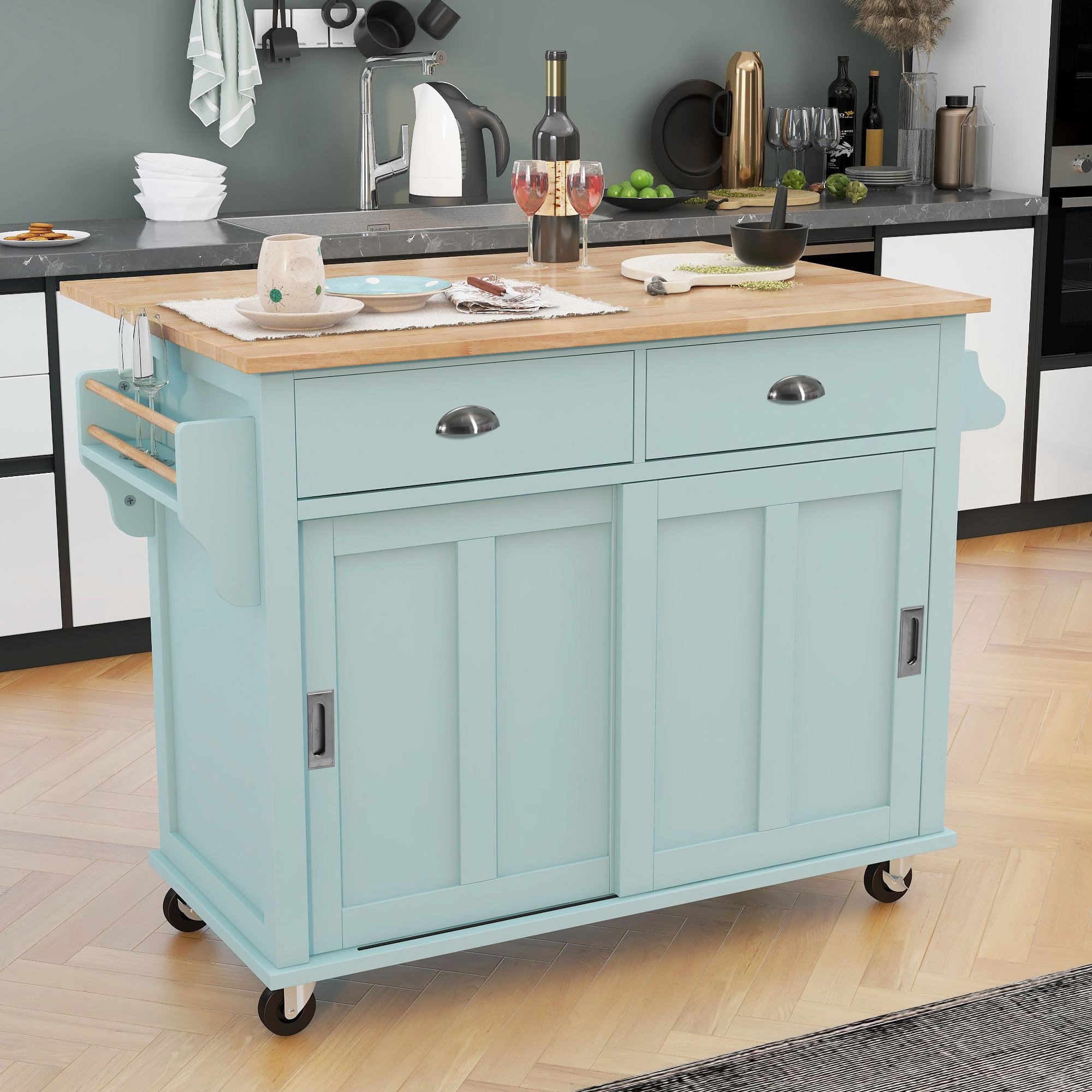 Lark Manor™ Kitchen Cart With Rubber Wood Drop-Leaf Countertop And 4 ...