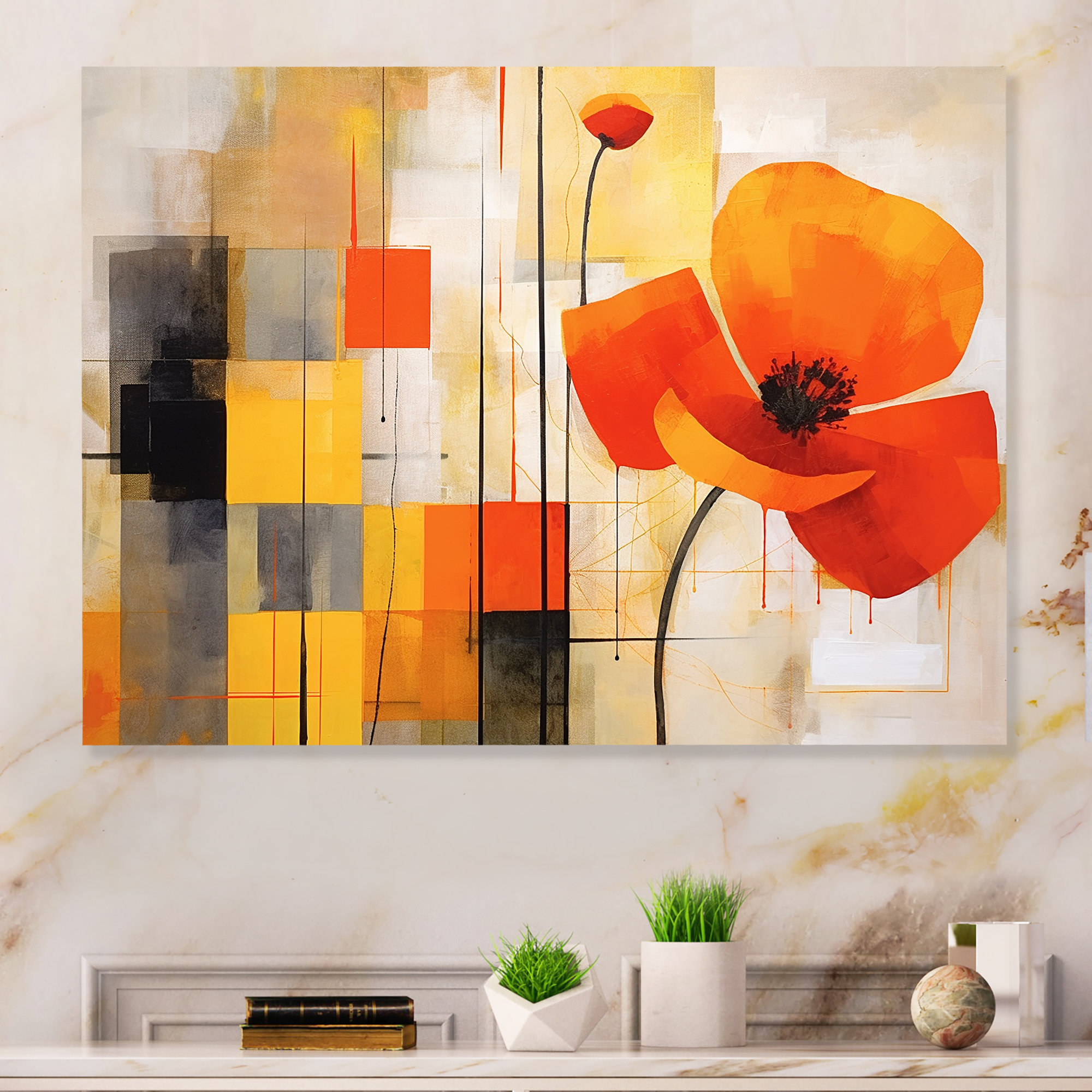 Ivy Bronx " Bold Orange Cubic Flowers I " on | Wayfair