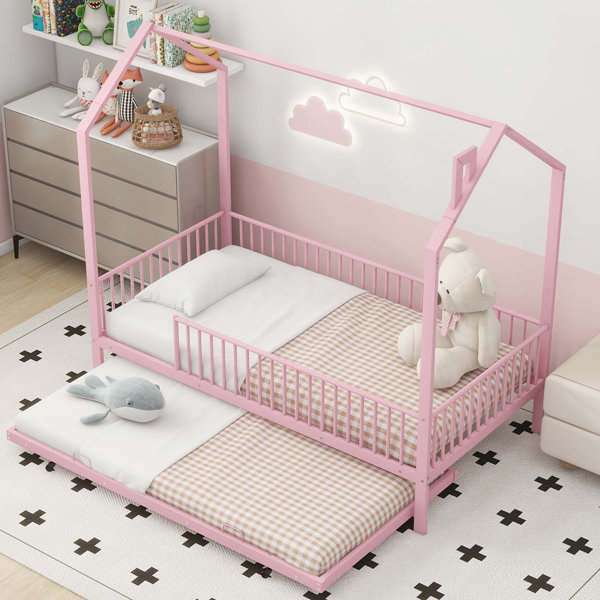 ACCOLADE FURNITURE LLC Twin Size Metal House Bed With Fence And Trundle ...