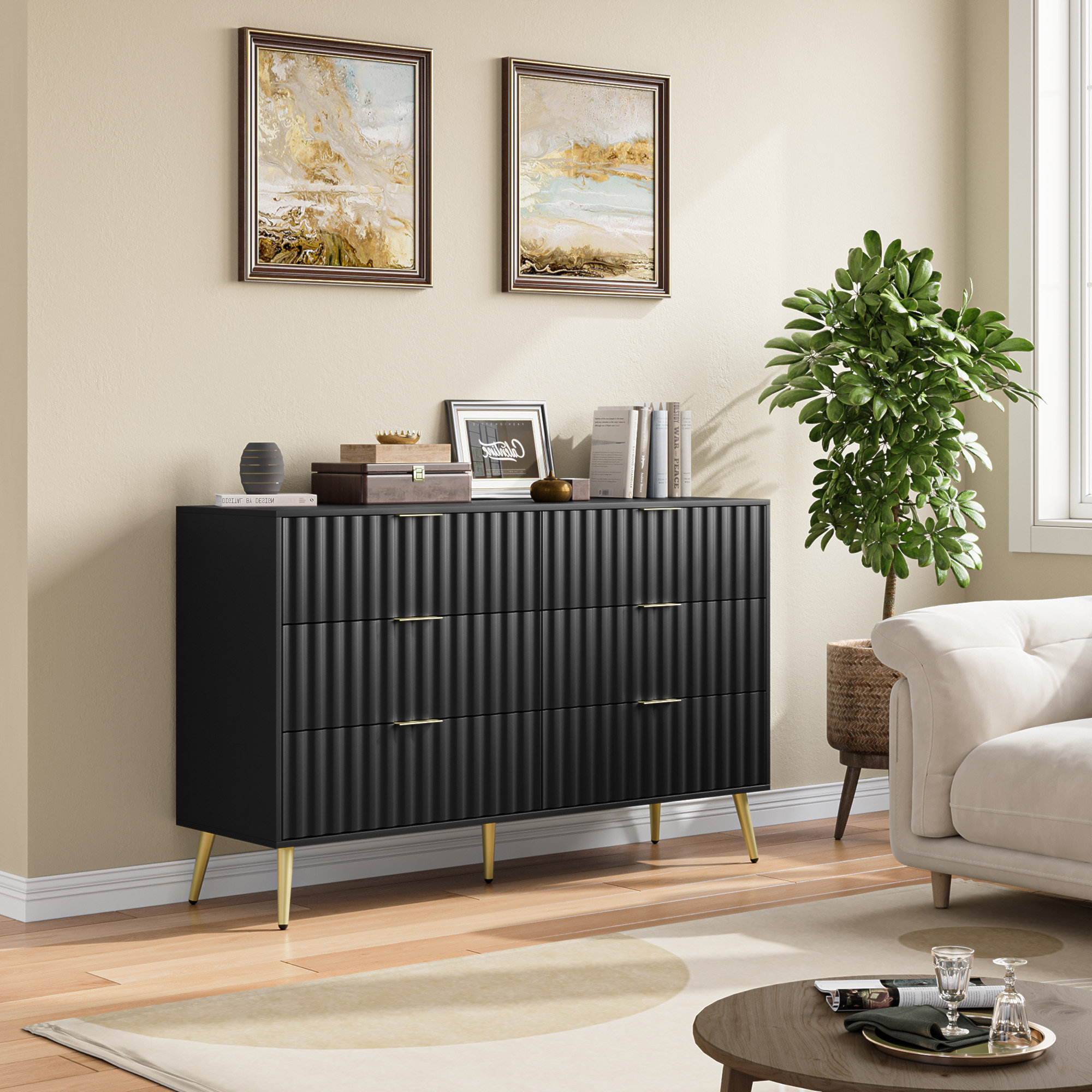 STYLISH Black Modern 6 Drawers For Living Room For Hallway With Gold ...