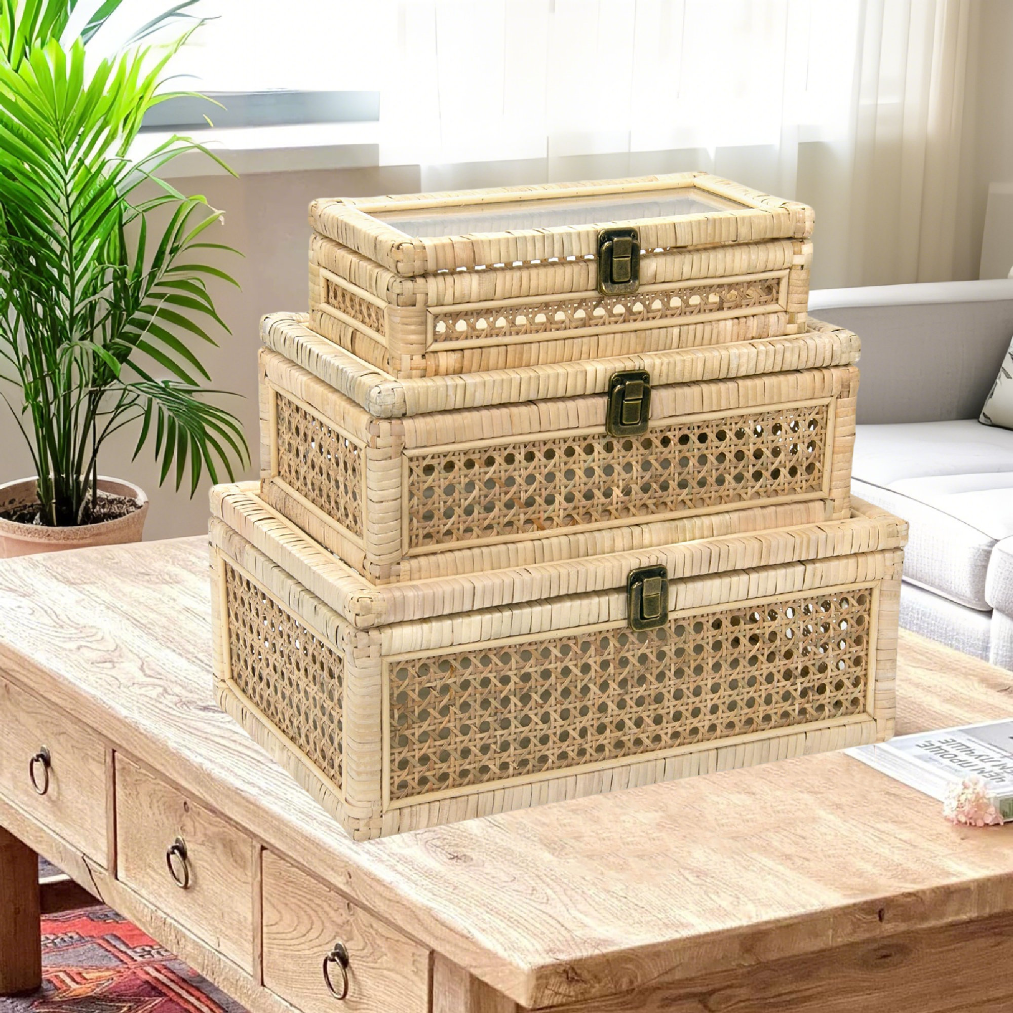 Bay Isle Home™ Set Of 3 Rattan Decorative Boxes With Glass Lids ...