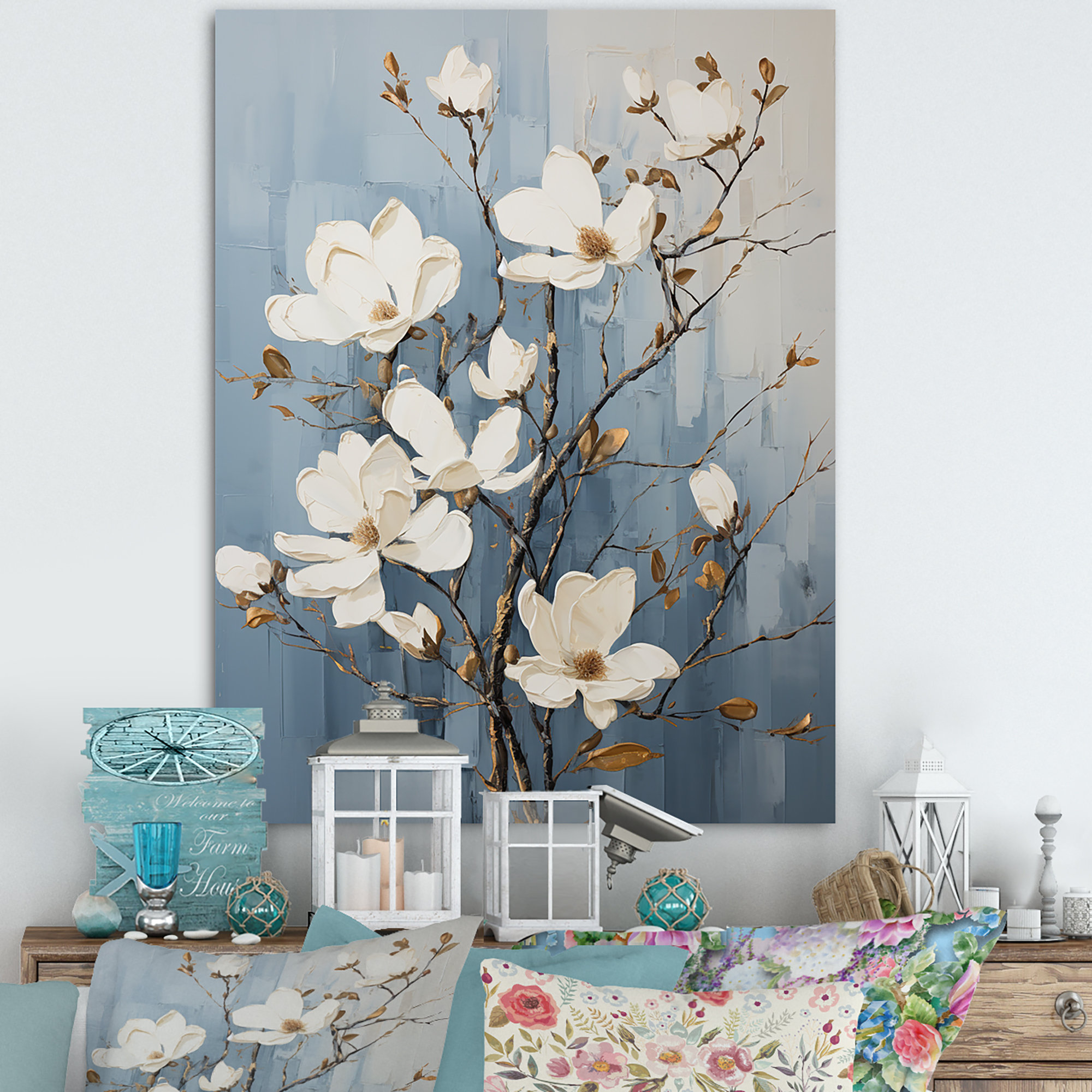 Winston Porter Elegant White And Blue Magnolias Bloom IV On Canvas ...