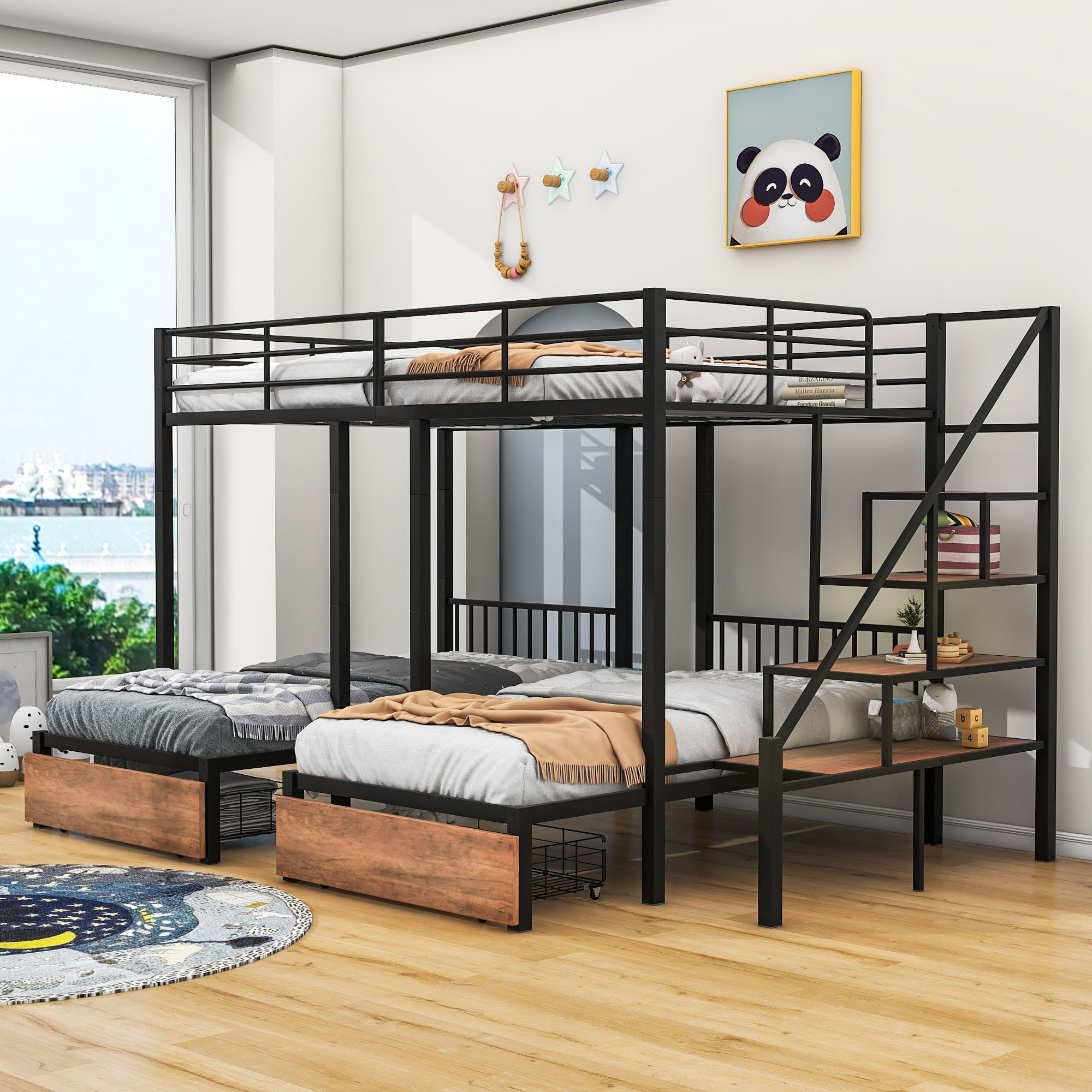 Mason & Marbles Maida Full over Twin-Twin 2 Drawers Metal Triple Bunk ...