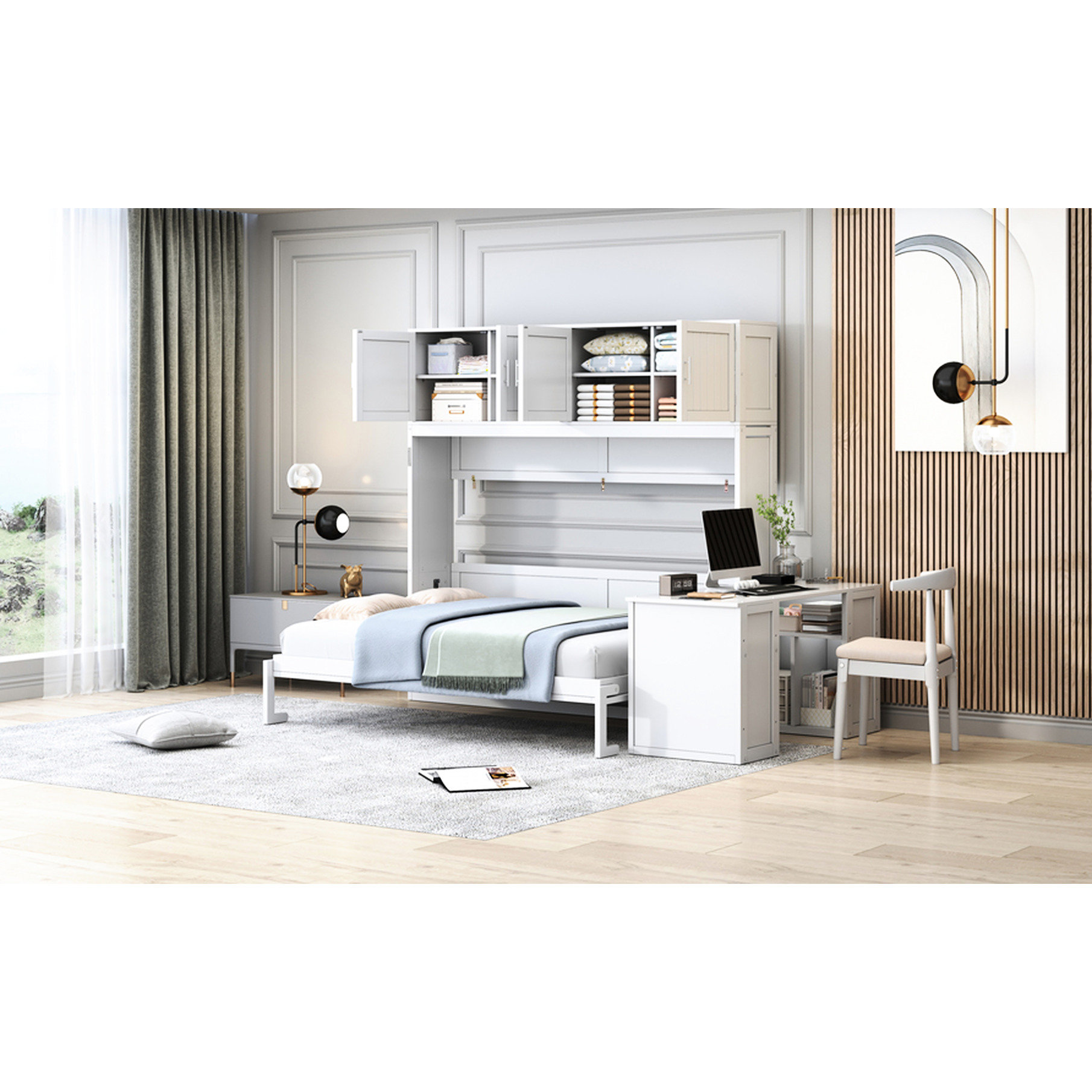 Orren Ellis Queen Size Wall Bed In White: Space - Saving, Modern Design ...