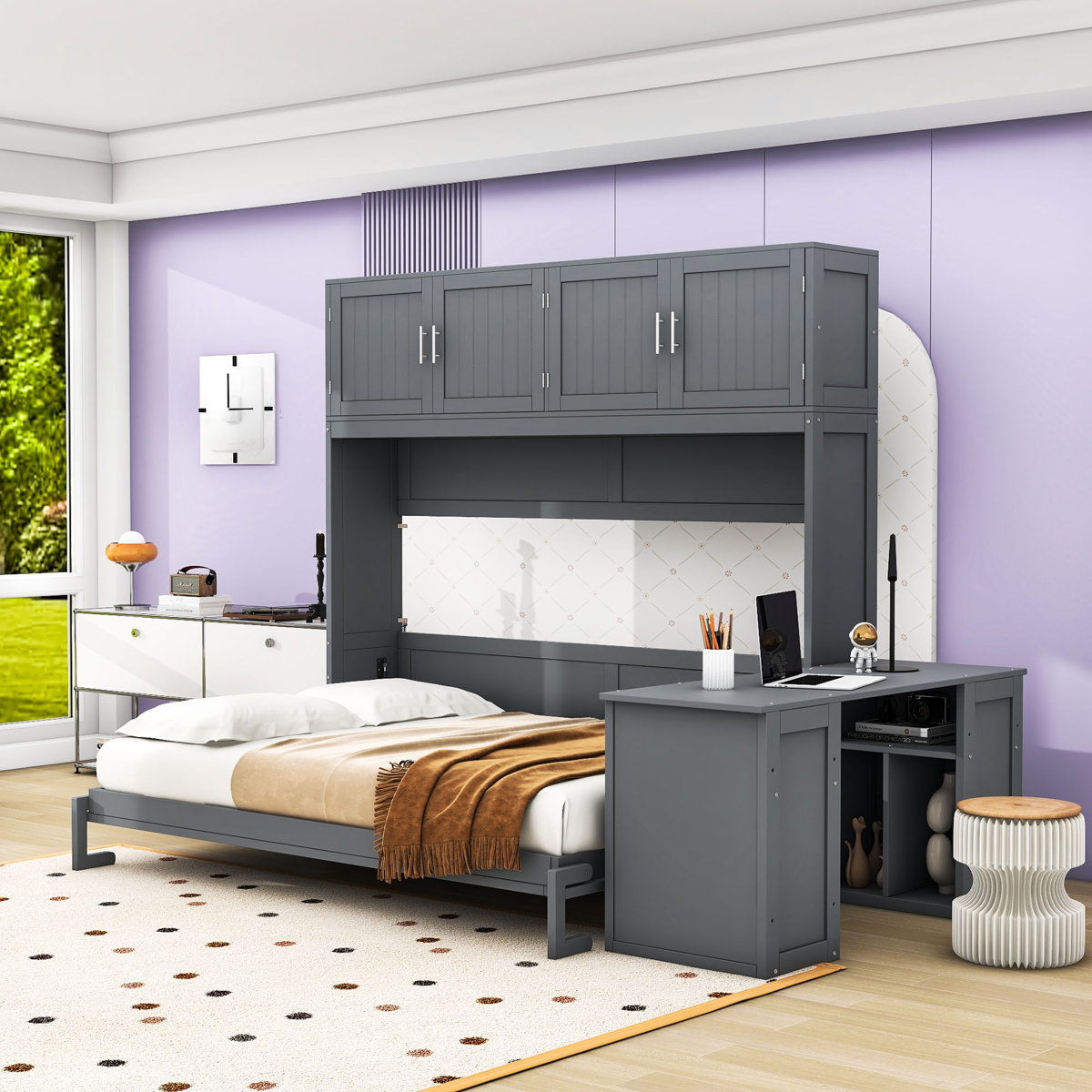 Latitude Run® Queen Wall-Mounted Murphy Bed with Desk, Storage Cabinets ...