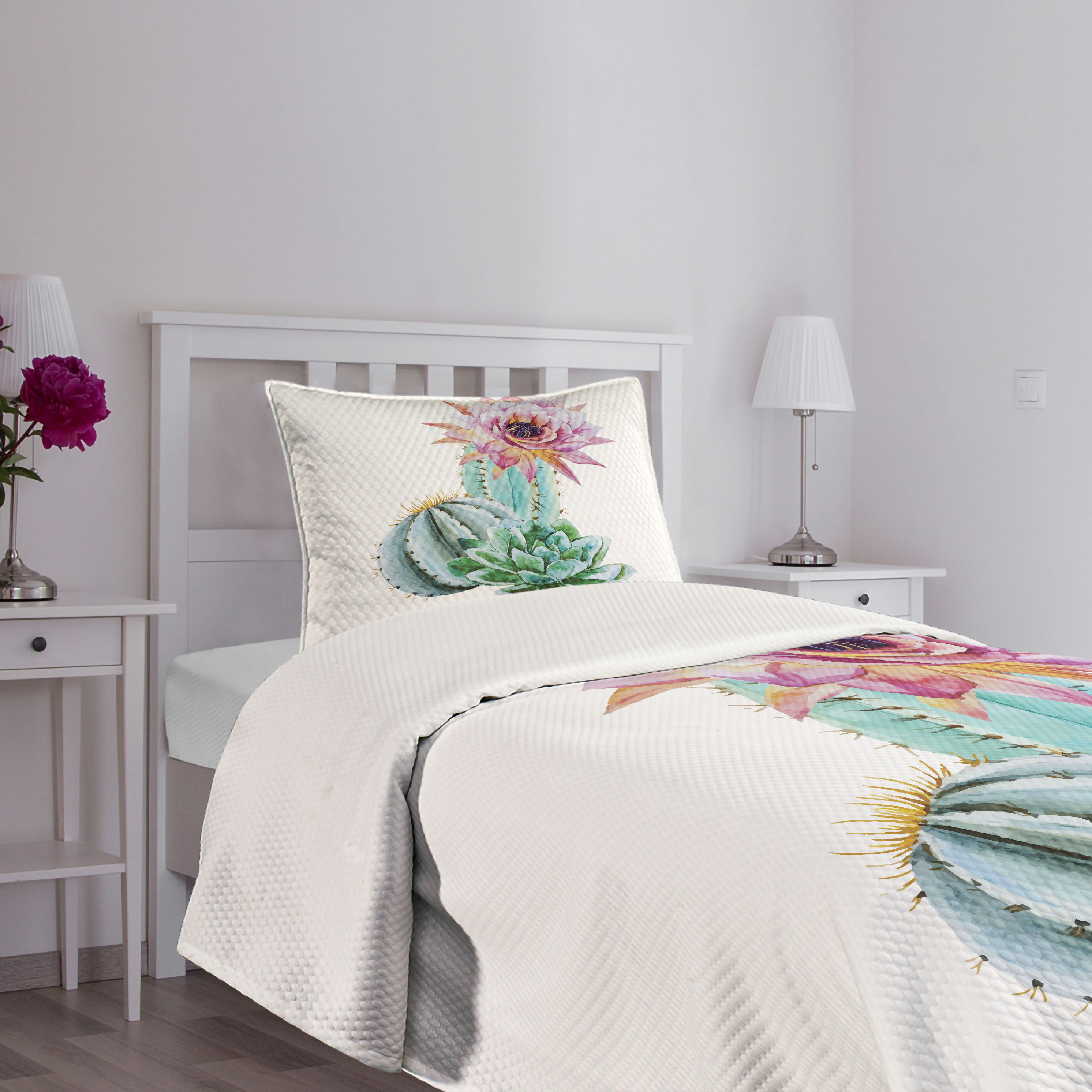 Ambesonne Natural Bedspread Set Cactus Flower and Spike Pink Green and ...