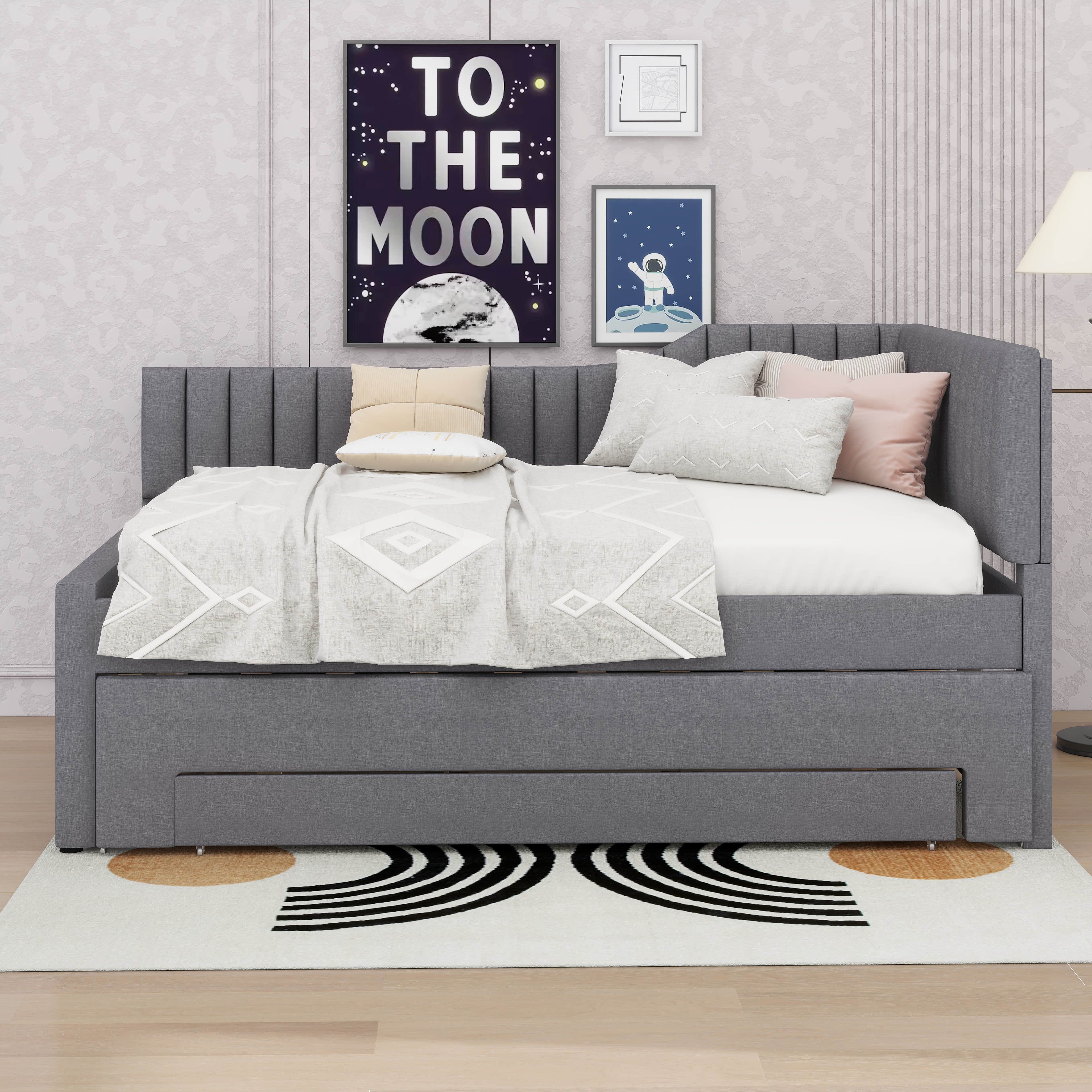 Latitude Run® Full Size Linen Upholstered Daybed With Trundle And Three ...