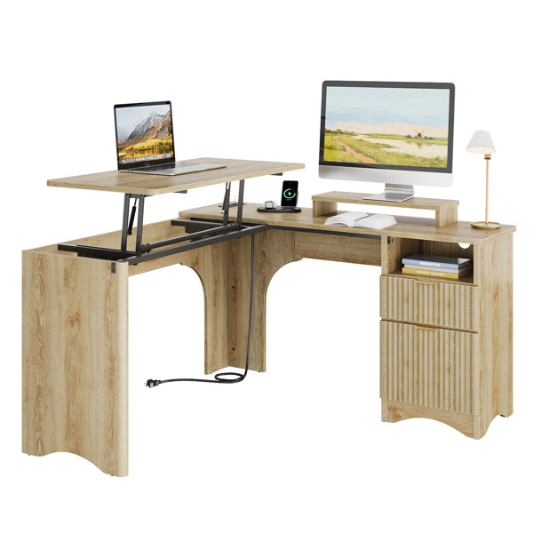 17 Stories Daymen 55Inch Lift Top L Shaped Desk with Power Outlet ...