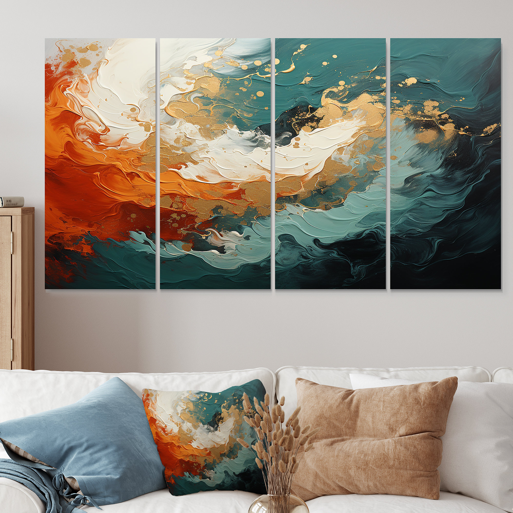 Mercer41 Orange And Gold Marble Lava III - Abstract Painting 4 Piece ...