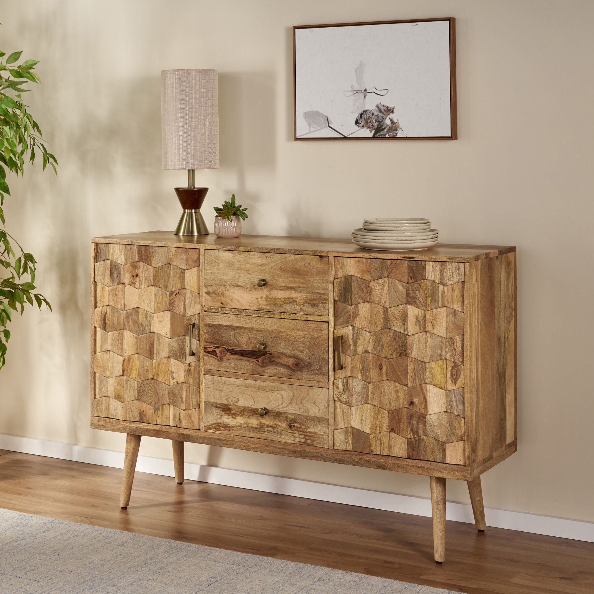 Union Rustic Westra Mid-Century Modern Mango Wood 3 Drawer Sideboard ...