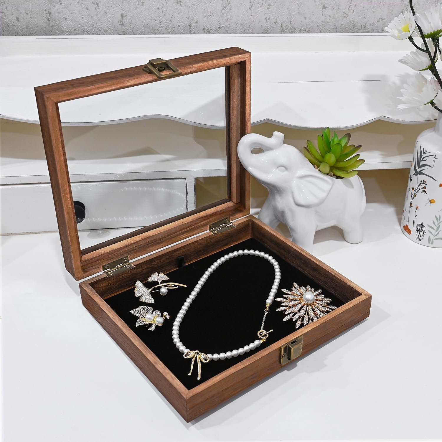 Gracie Oaks Tempered-Glass Top Small Wooden Jewellery Display Case with ...