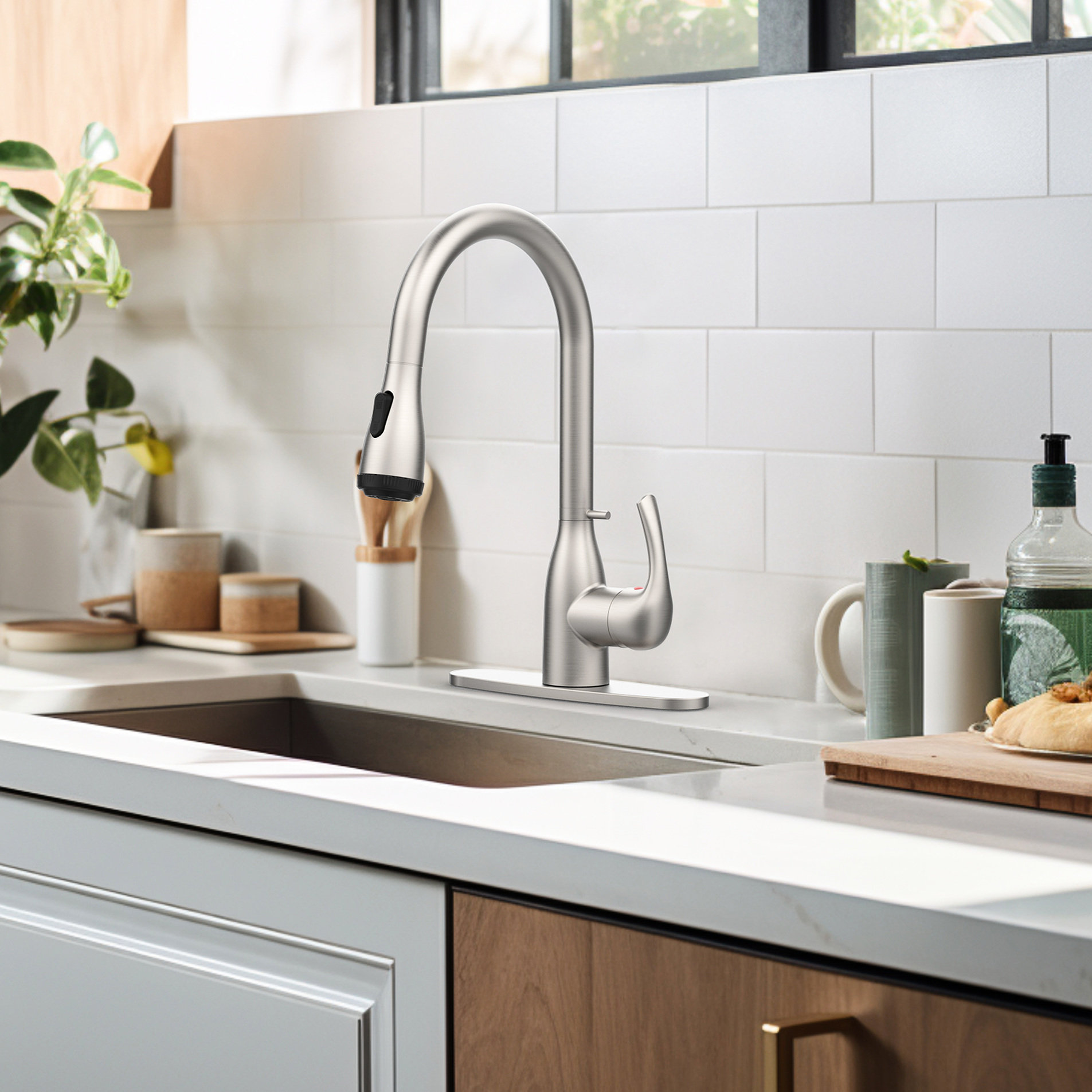 Ebern Designs Brushed Nickel Kitchen Faucets With 4 , Pull Down Locking ...