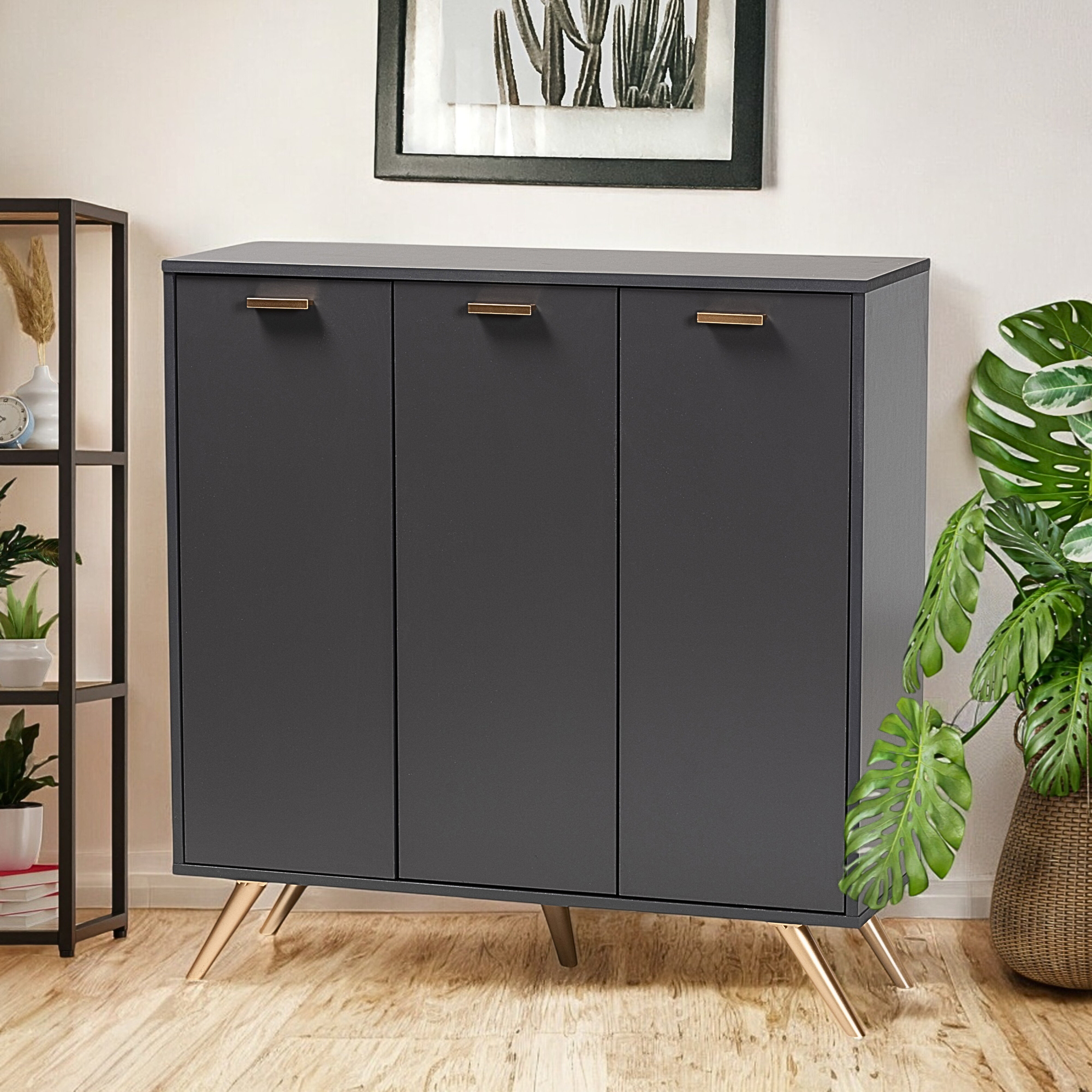 Hokku Designs Vale 3-Door Shoe Cabinet with Dark Grey Finish | Wayfair