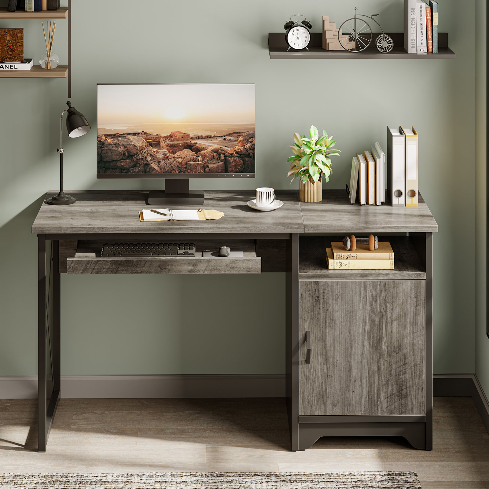 Steelside™ Labelle 48'' Computer Desk With Cabinet, Open Shelf And ...