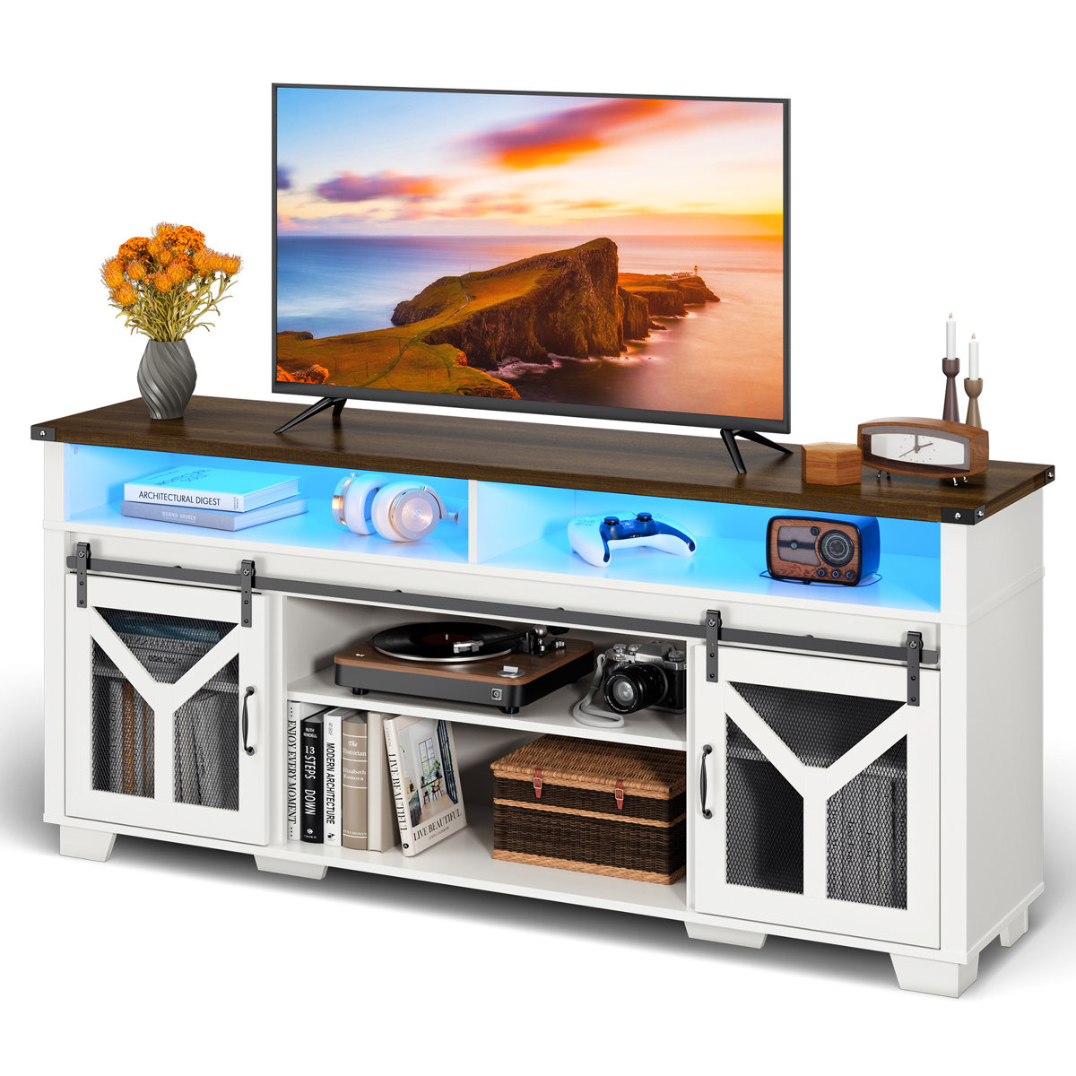 August Grove® Christinea Farmhouse TV Stand LED TV Console for TVs up ...