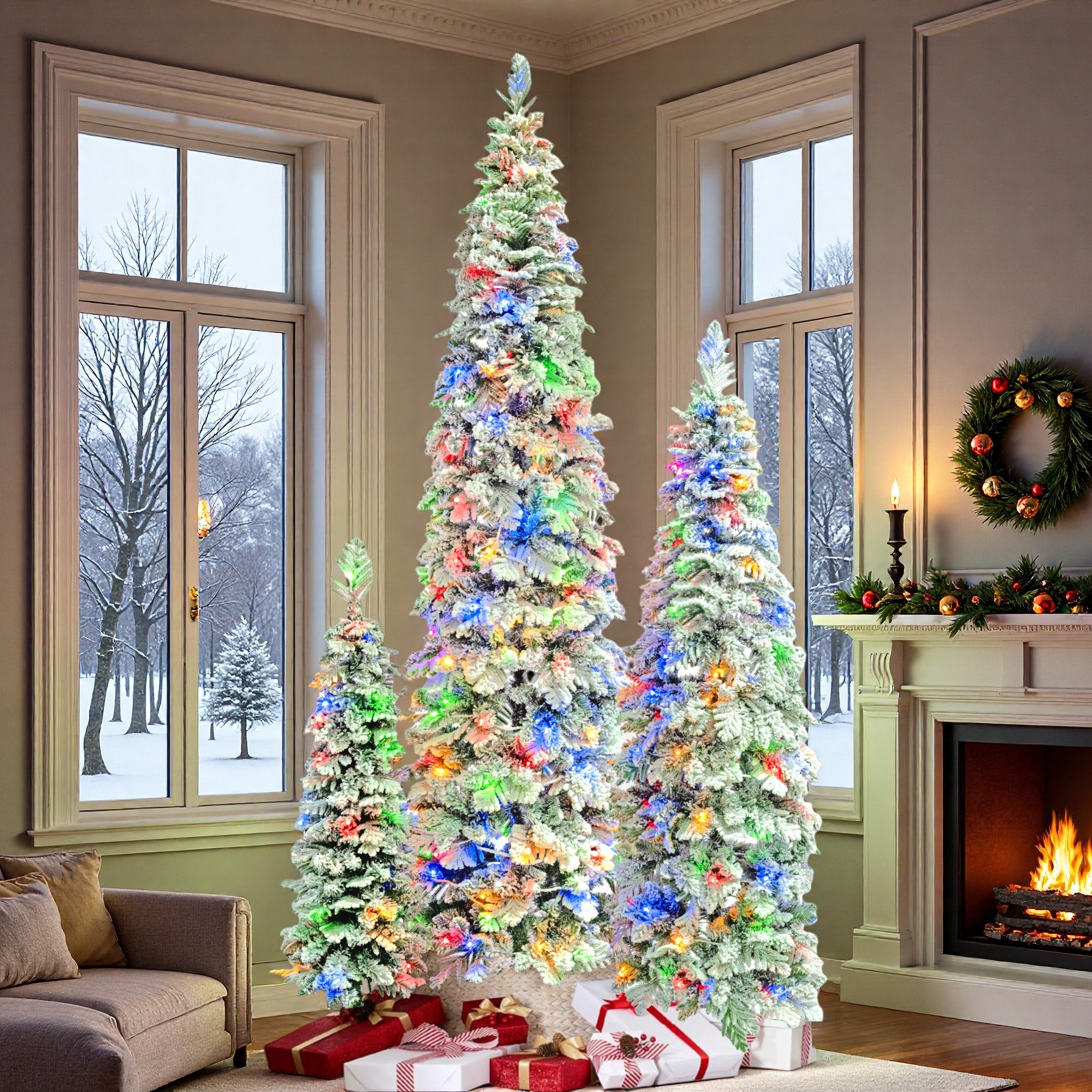 The Holiday Aisle® Set Of 3 Flocked Fir Slim Christmas Trees With 1370 Pe Branch Tips, 290 Led ...