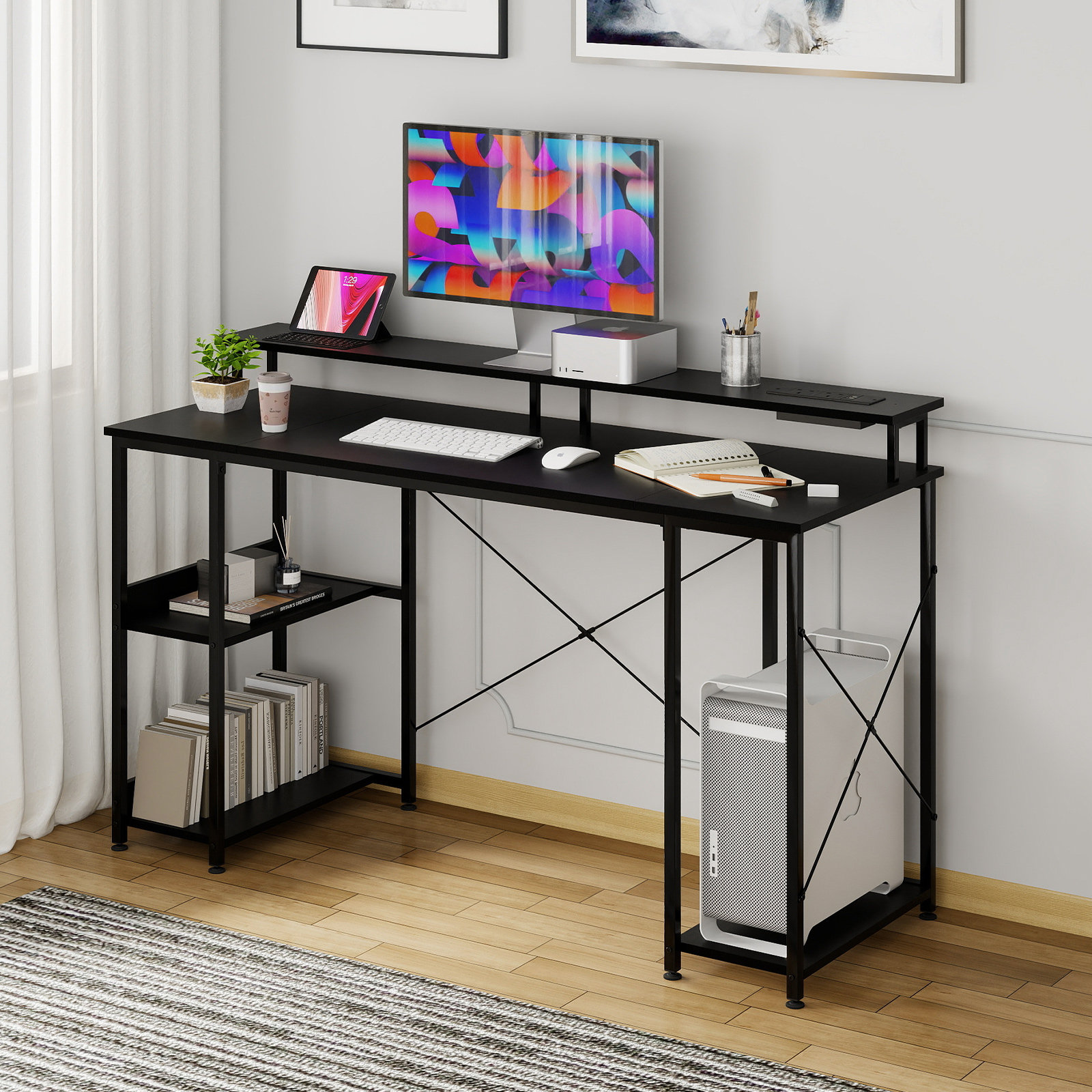 Metro Lane Gaming Desk Computer Table with Monitor Shelf Power Outlets ...