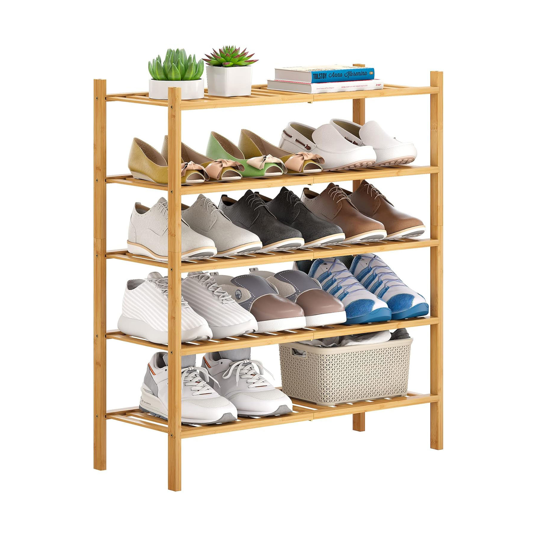 Rebrilliant 5-Tier Natural Bamboo Shoe Rack, Freestanding Stackable ...