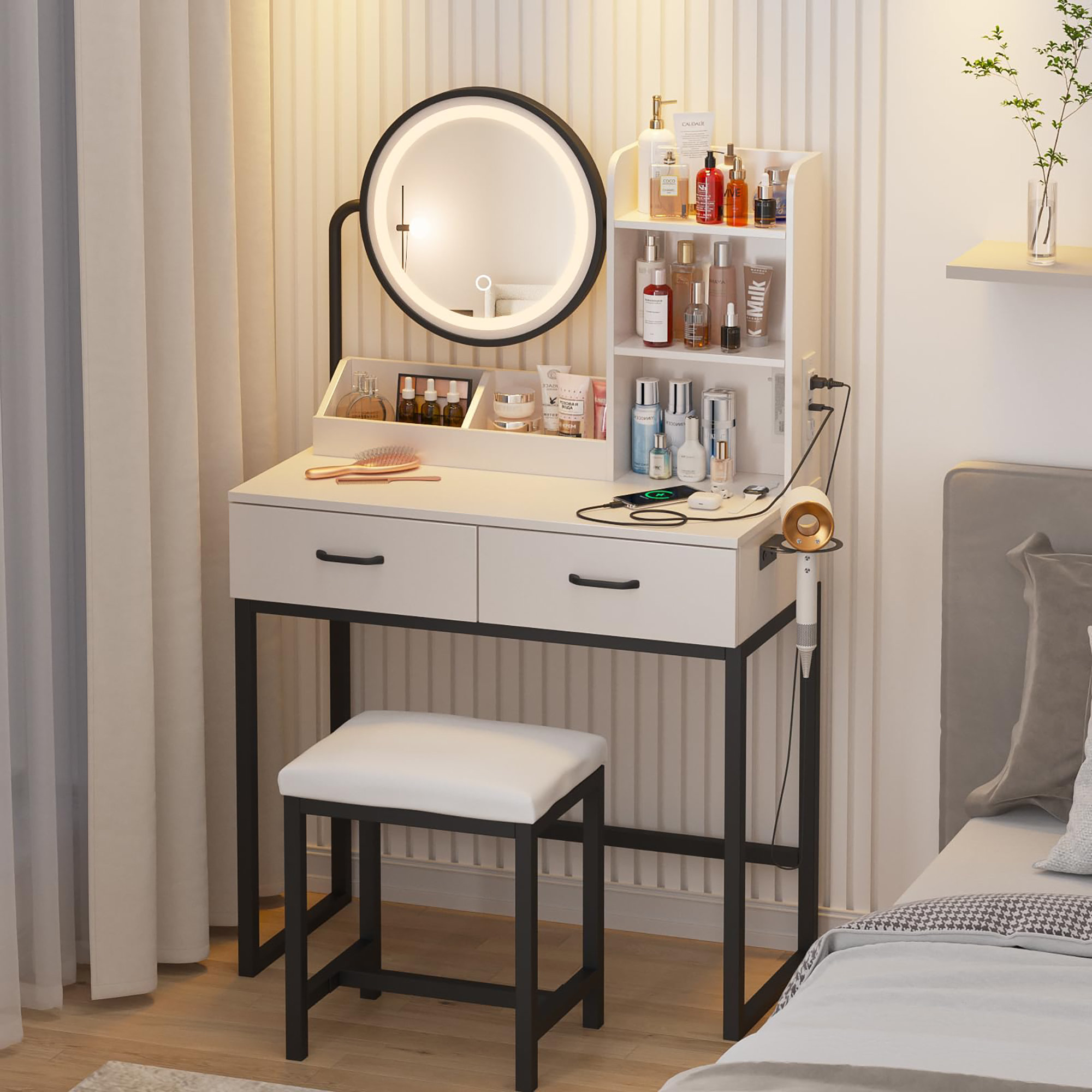 17 Stories Vanity Desk with Round Mirror and Lights | Wayfair