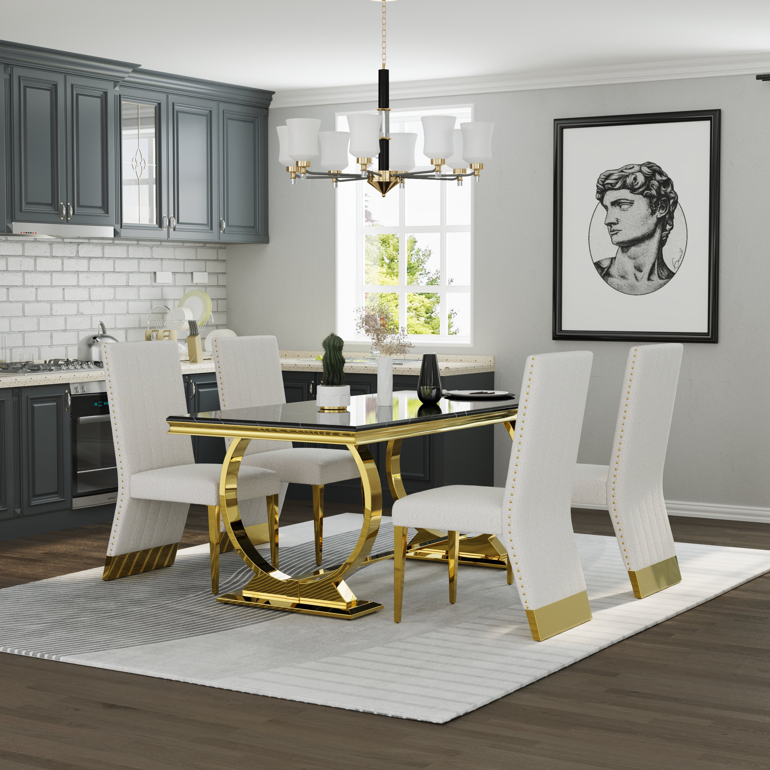 Everly Quinn Gold Dining Table Set With 4 Boucle Dining Chairs | Wayfair
