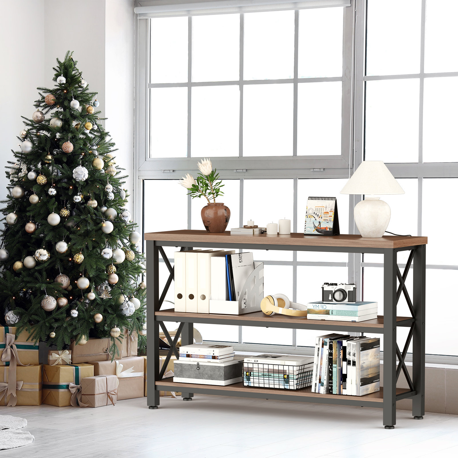 17 Stories Rustic Console Table Behind Couch, Industrial Entryway Table ...