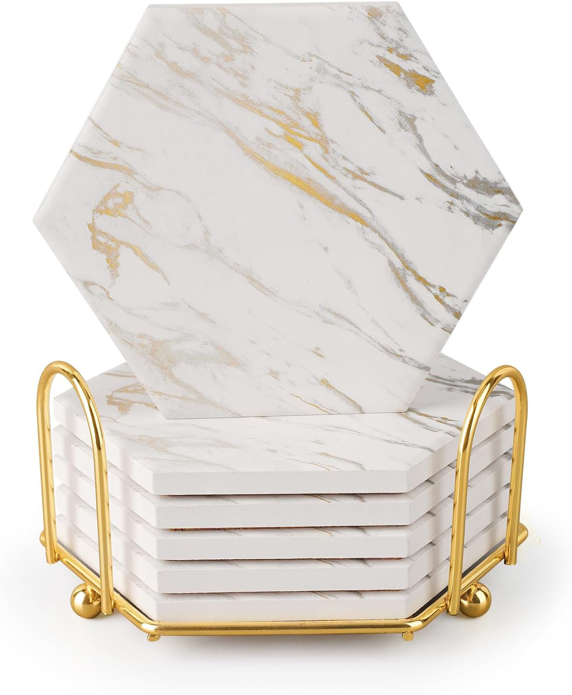 RE FEEL Marble Coasters With Holder, 6 Pieces Absorbent Ceramic ...